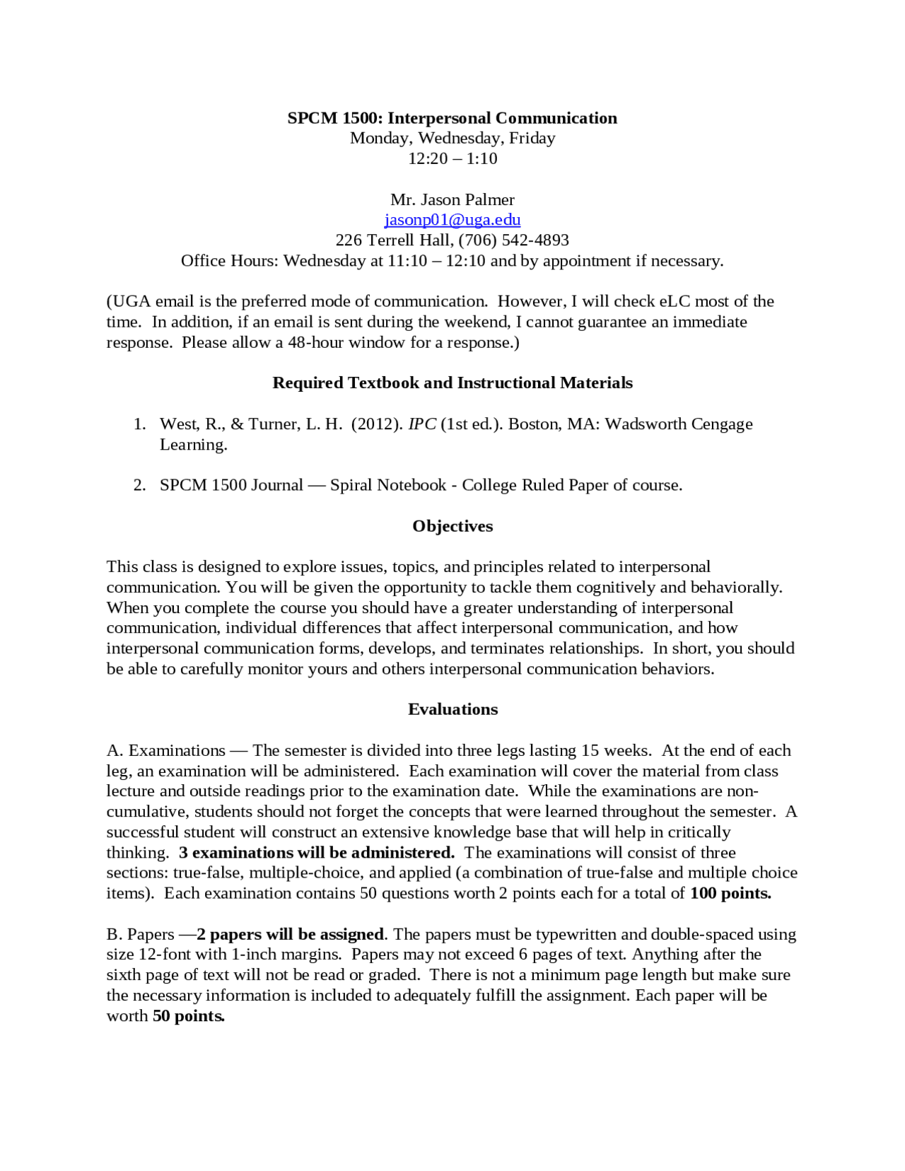 Syllabus For Interpersonal Communication Spcm 1500 Docsity