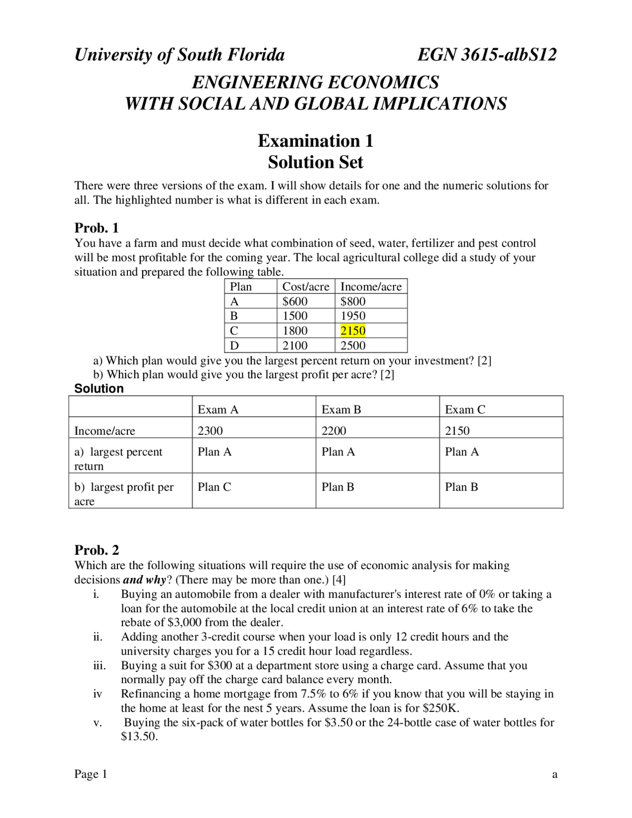 Exam 1 Solution Engineering Economics With Social And Global
