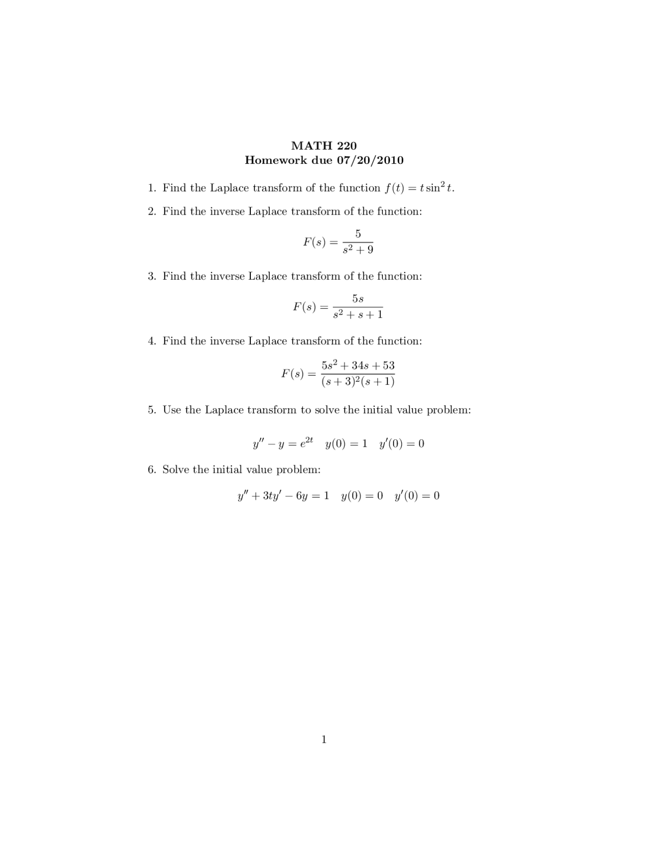 Practice Homework Introduction To Differential Equations Math 220