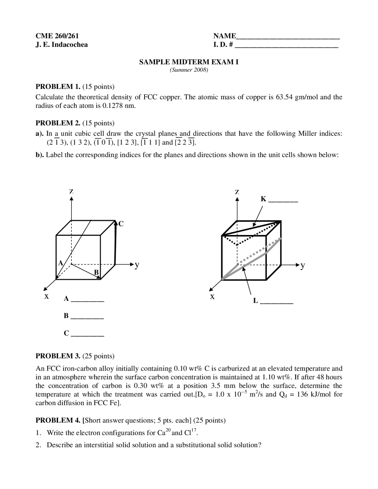Properties Of Materials Sample Midterm Exam I Cme 260 Docsity