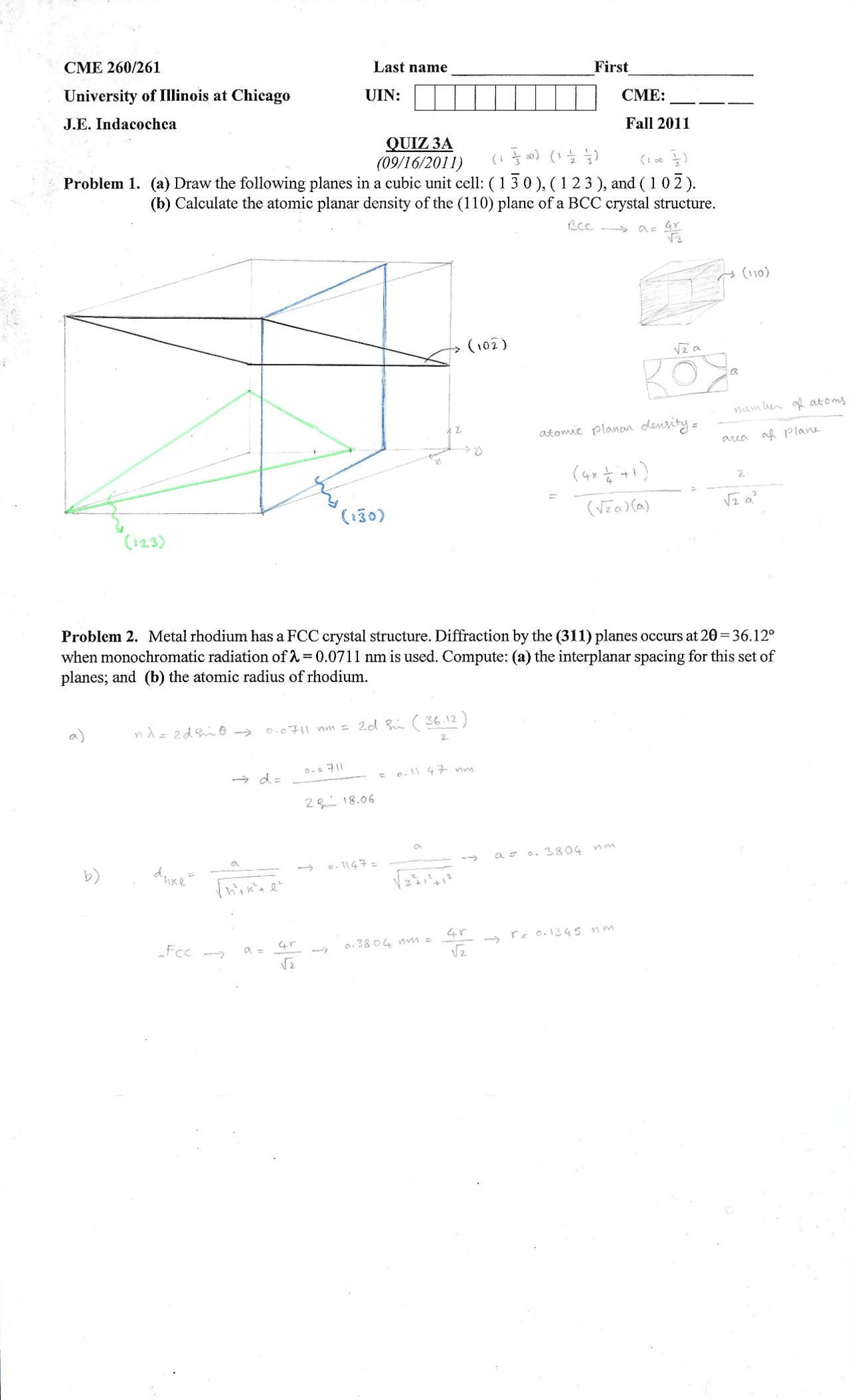 Properties Of Materials Sample Quiz 3a With Answers Cme 260 Docsity