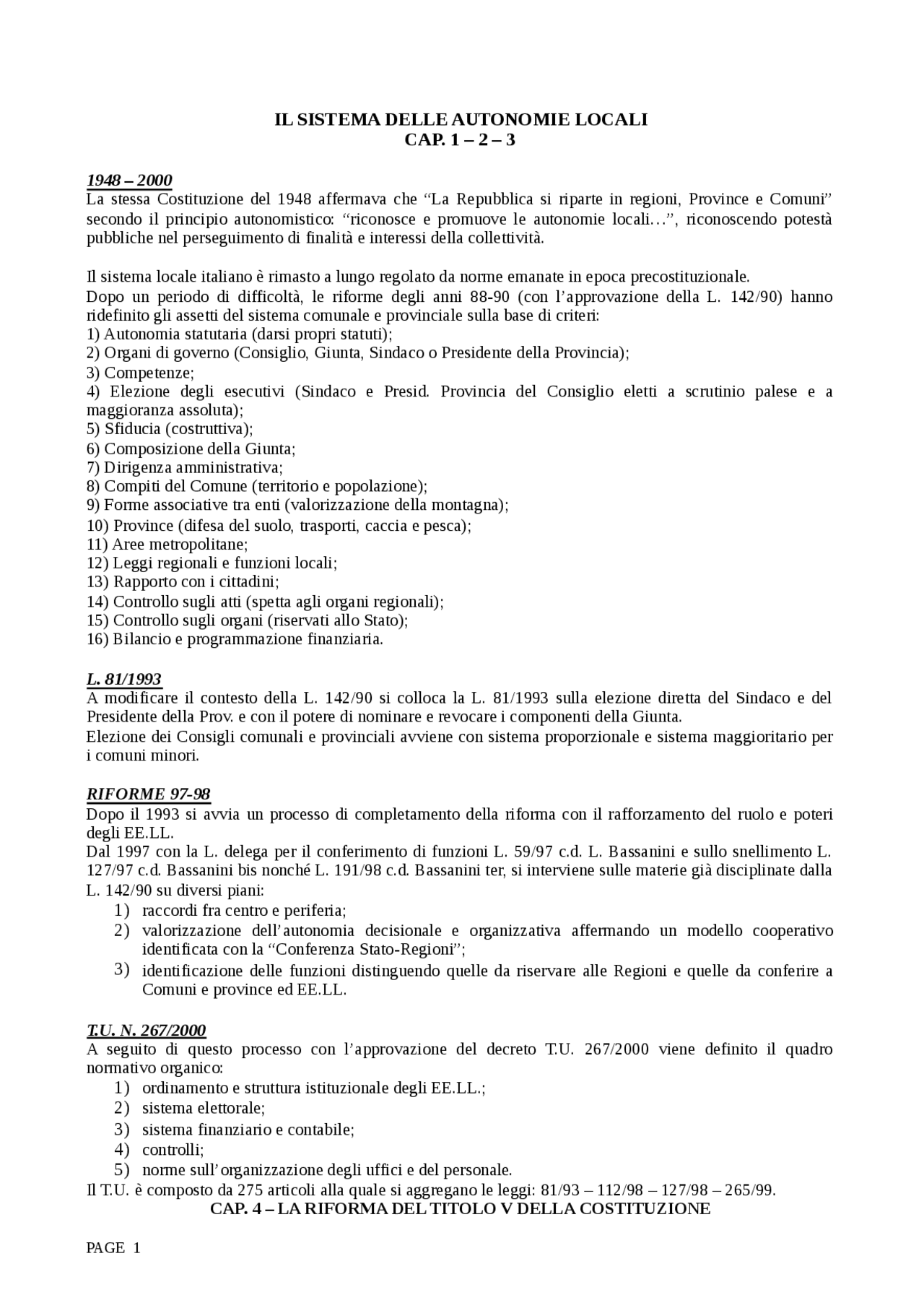 Il Sistema Delle Autonomie Locali Docsity