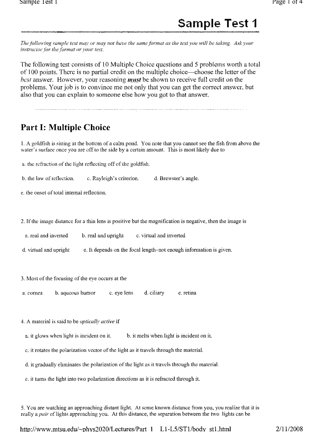 Sample Test 1 Non Calculus Based Physics Ii Phys 2020 Docsity