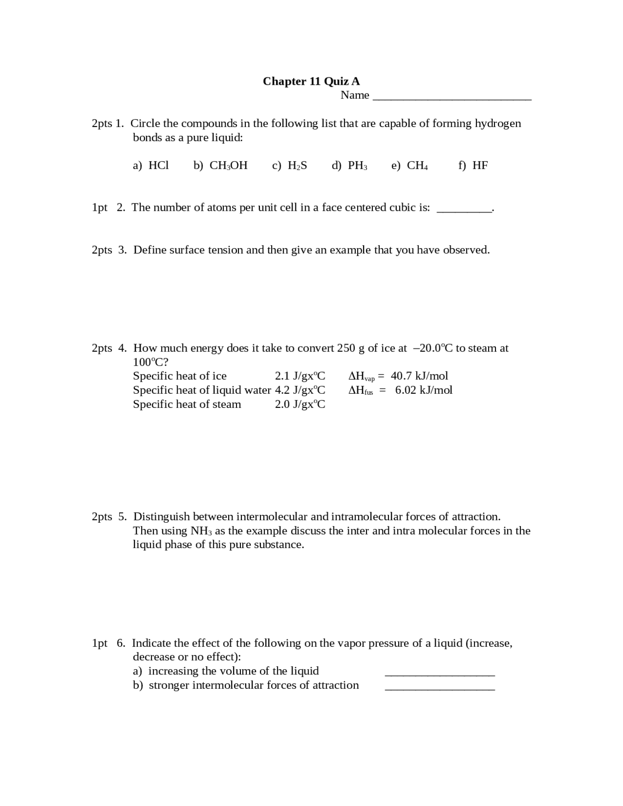Chapter 11 Quiz A - General Chemistry Lecture I | CHEM 151 - Docsity