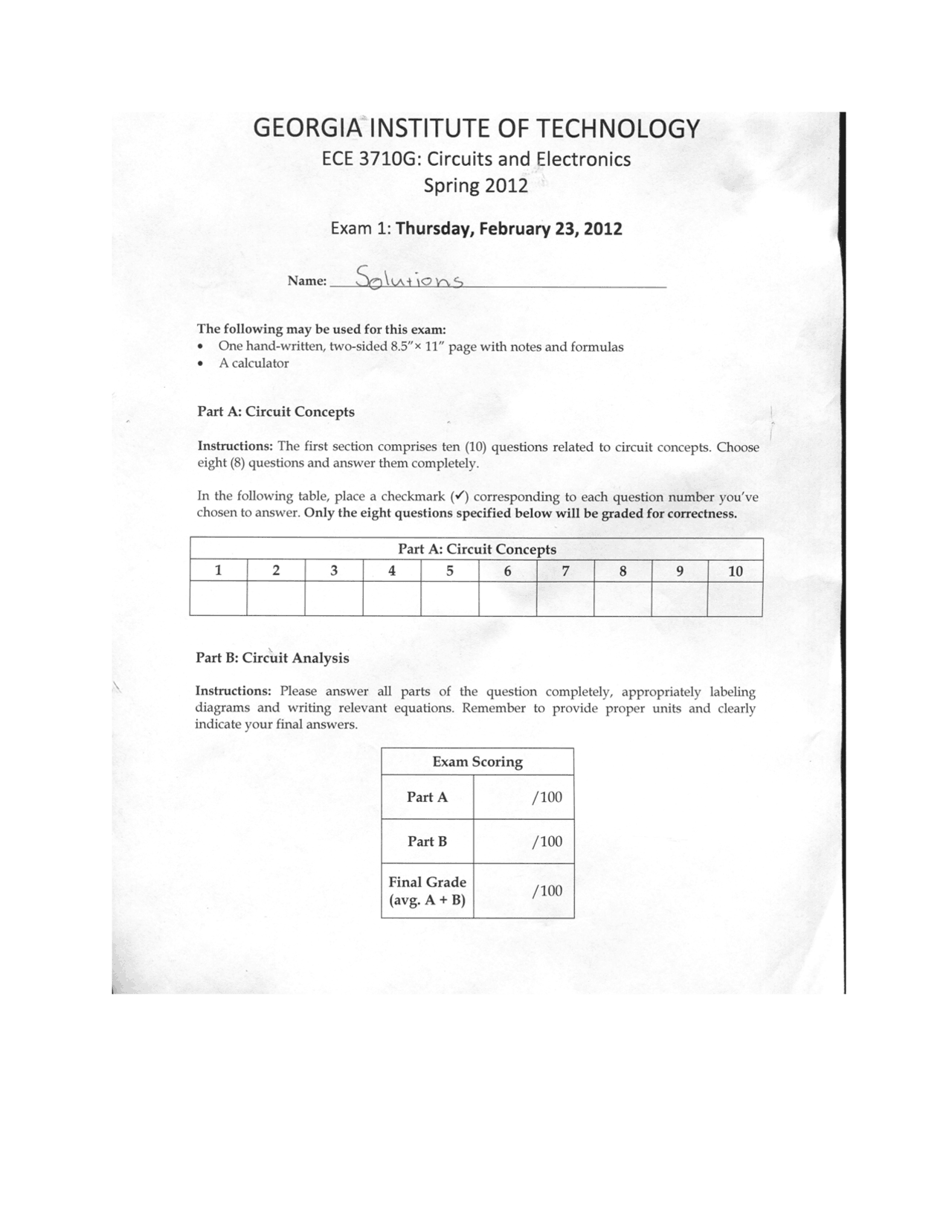 12 Questions With Solutions On Circuits And Electronics Exam 1 Ece