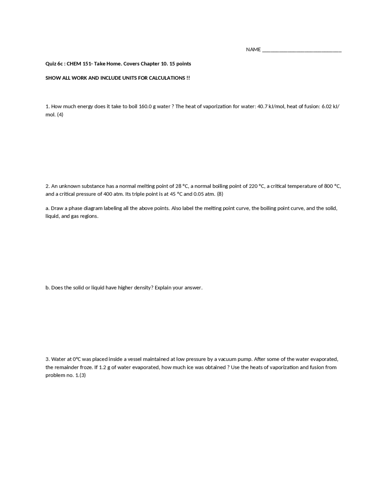 Quiz 6c For General Chemistry Lecture I Chem 151 Docsity