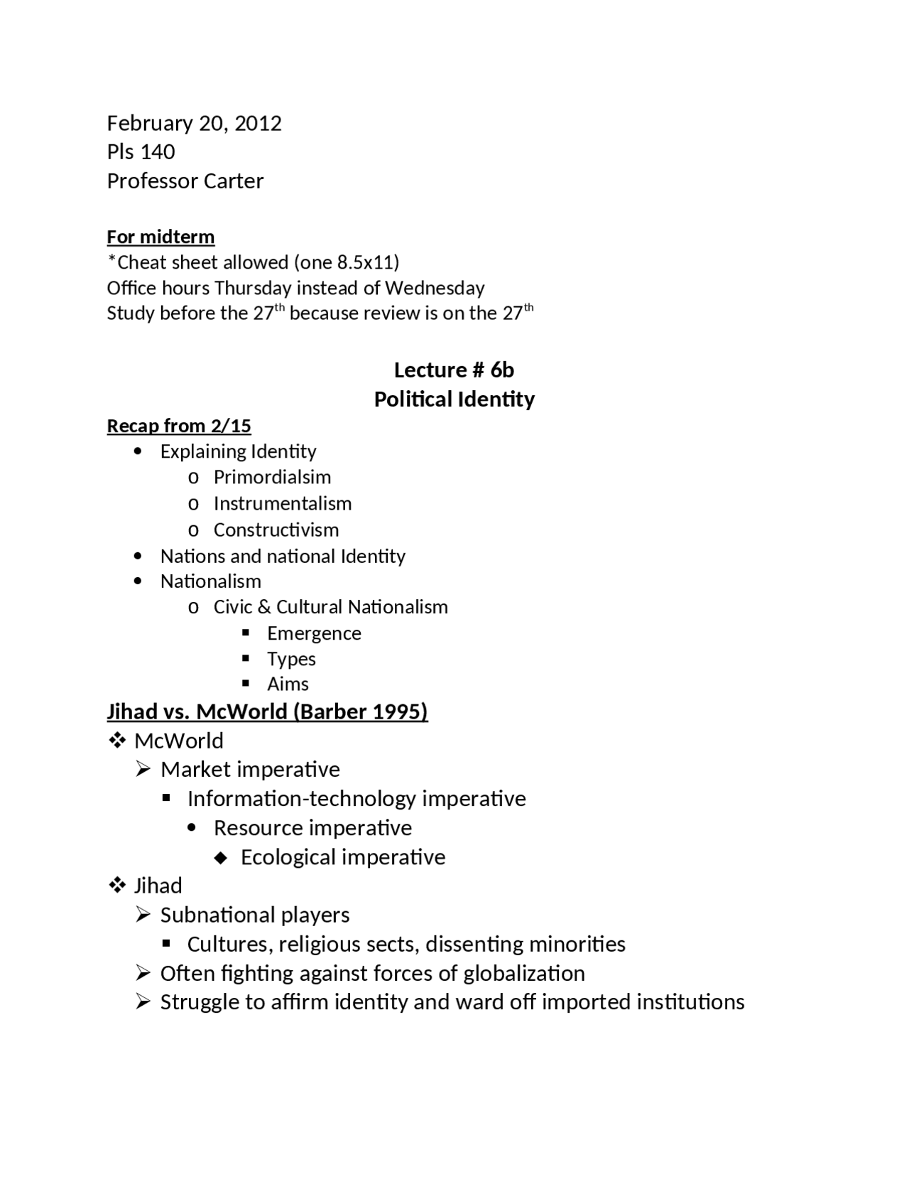 Political Identity In Introduction To Comparative Politics Midterm