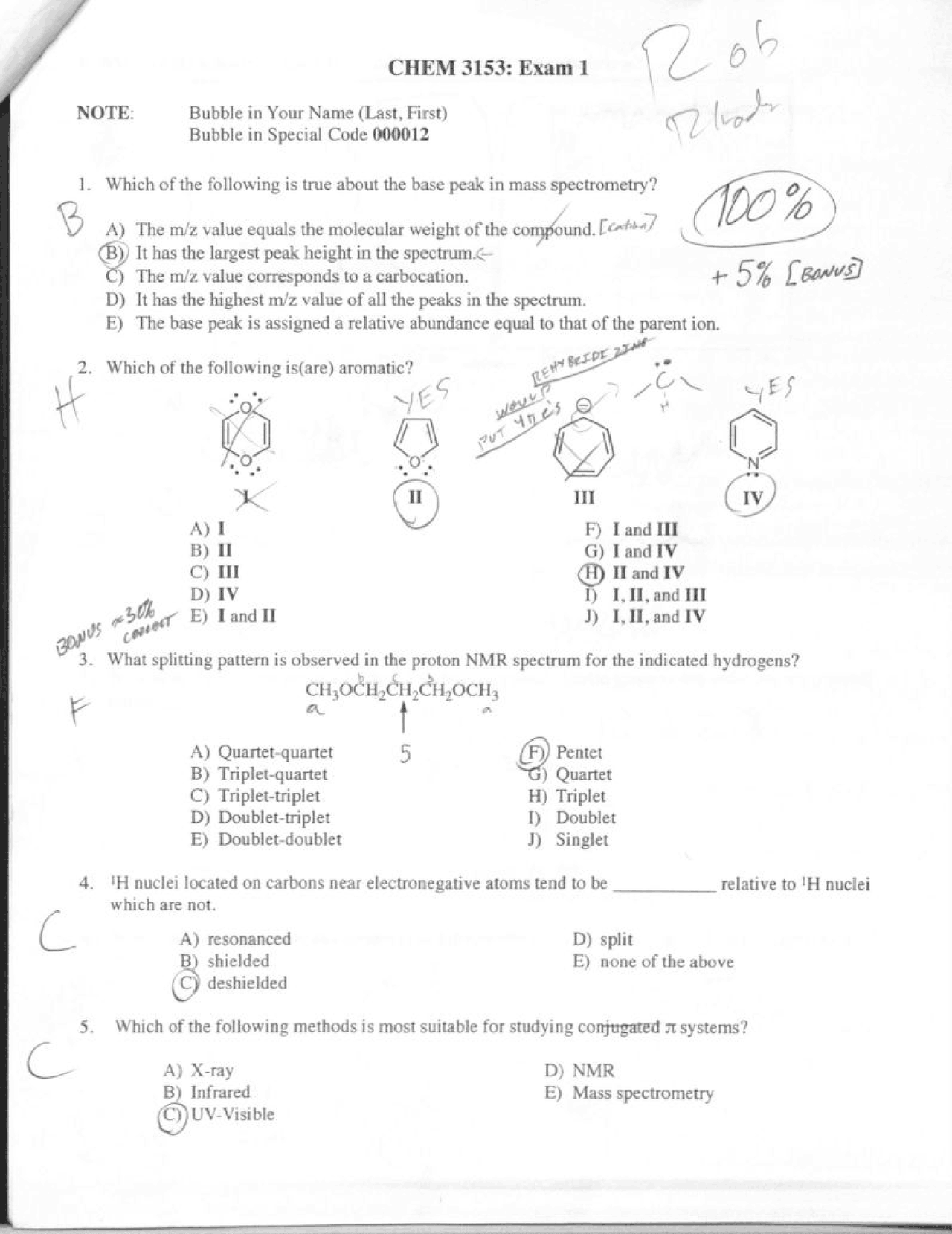 Exam 1 With Answers Organic Chemistry Ii Biological Emphasis Chem