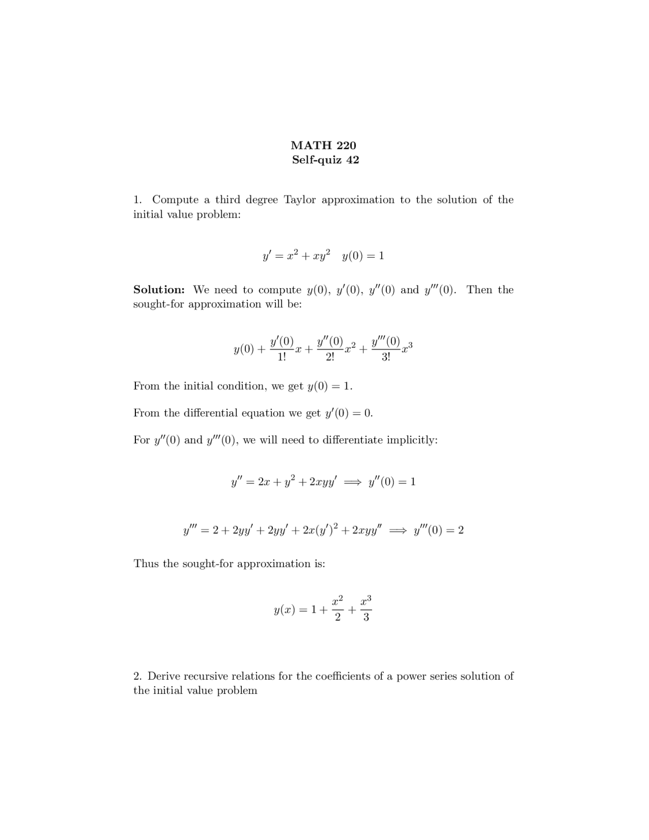 Self Quiz 42 Solutions Introduction To Differential Equations Math