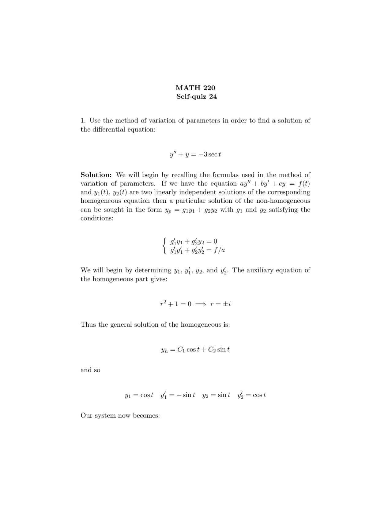 Self Quiz Solutions 24 Introduction To Differential Equations Math