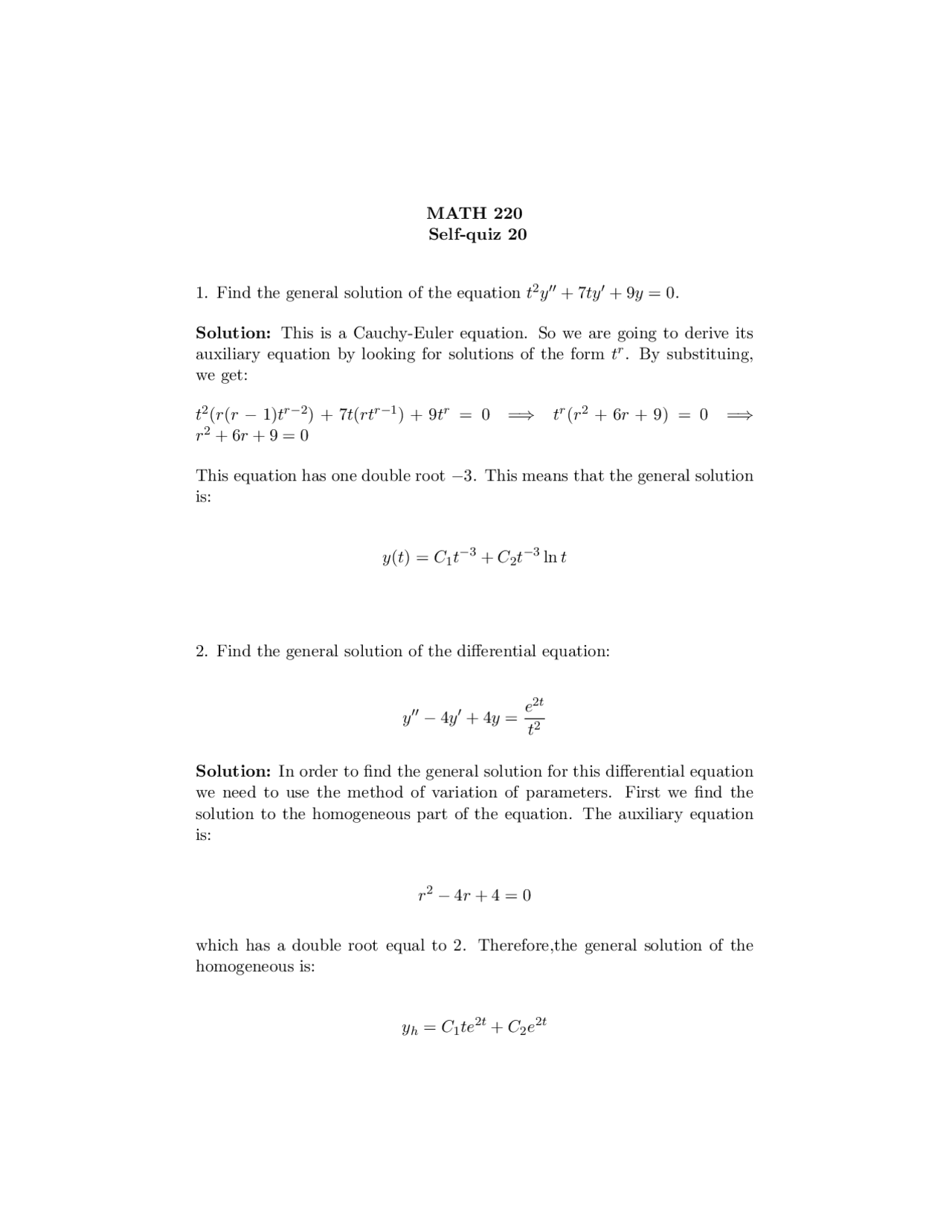 Self Quiz Solutions 20 Introduction To Differential Equations Math
