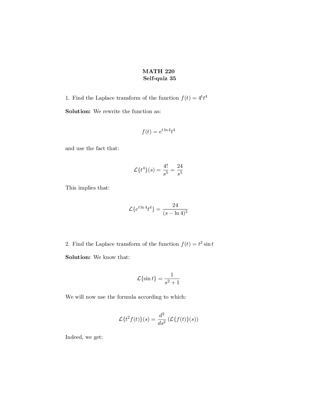 Self Quiz Solutions 35 Introduction To Differential Equations Math