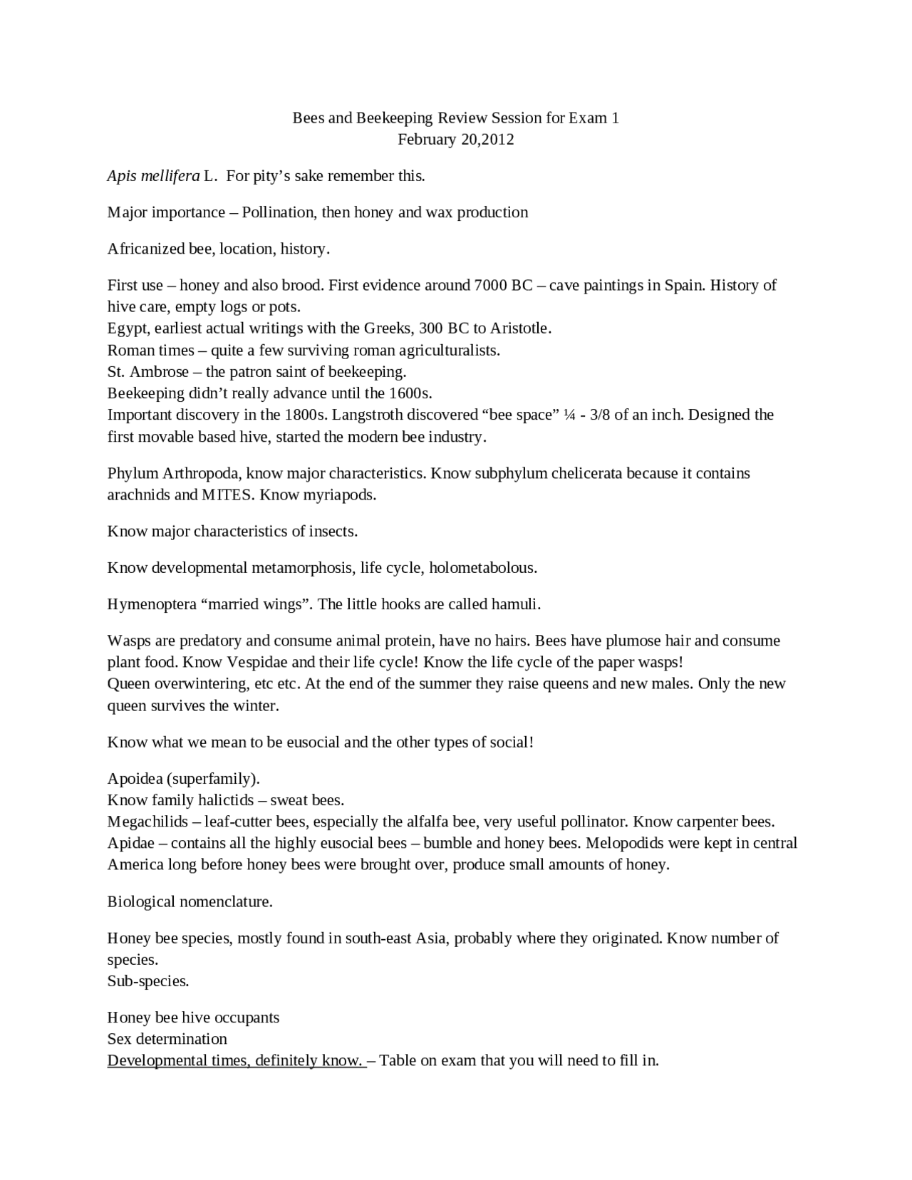 Exam 1 Full Review | Bees and Beekeeping | ENT 2254 - Docsity