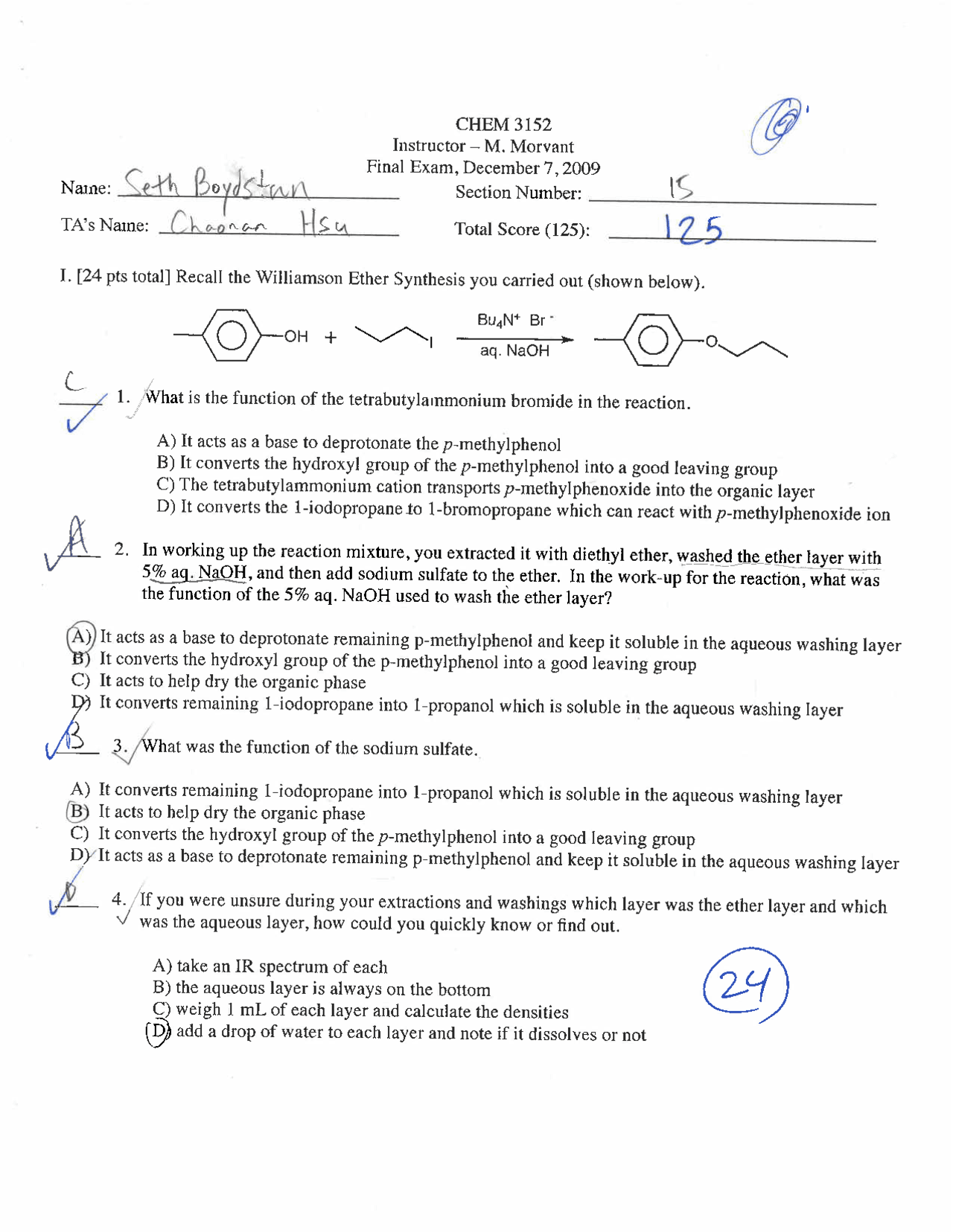 Solved Final Exam Organic Chemistry Laboratory Chem 3152 Docsity