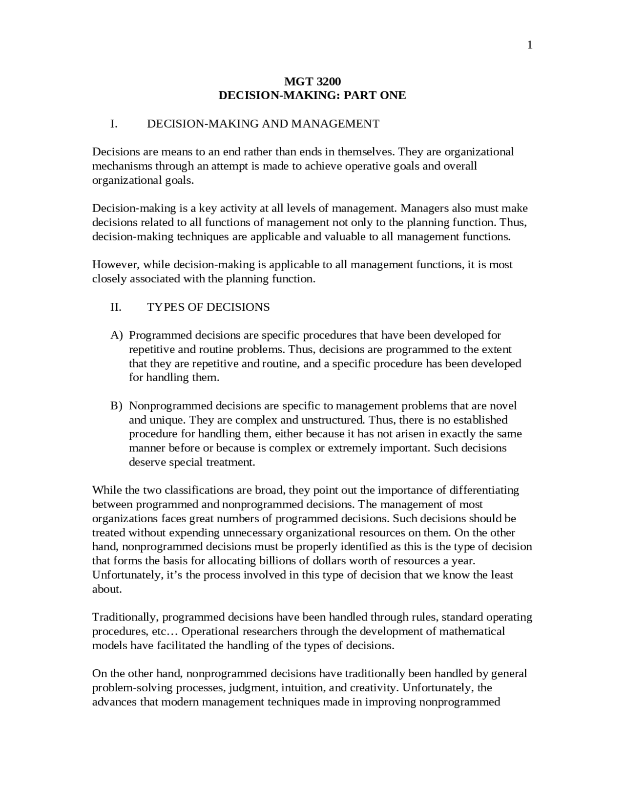 Decision Making And Management Exam 2 Lecture Notes Mgt 3200 Docsity