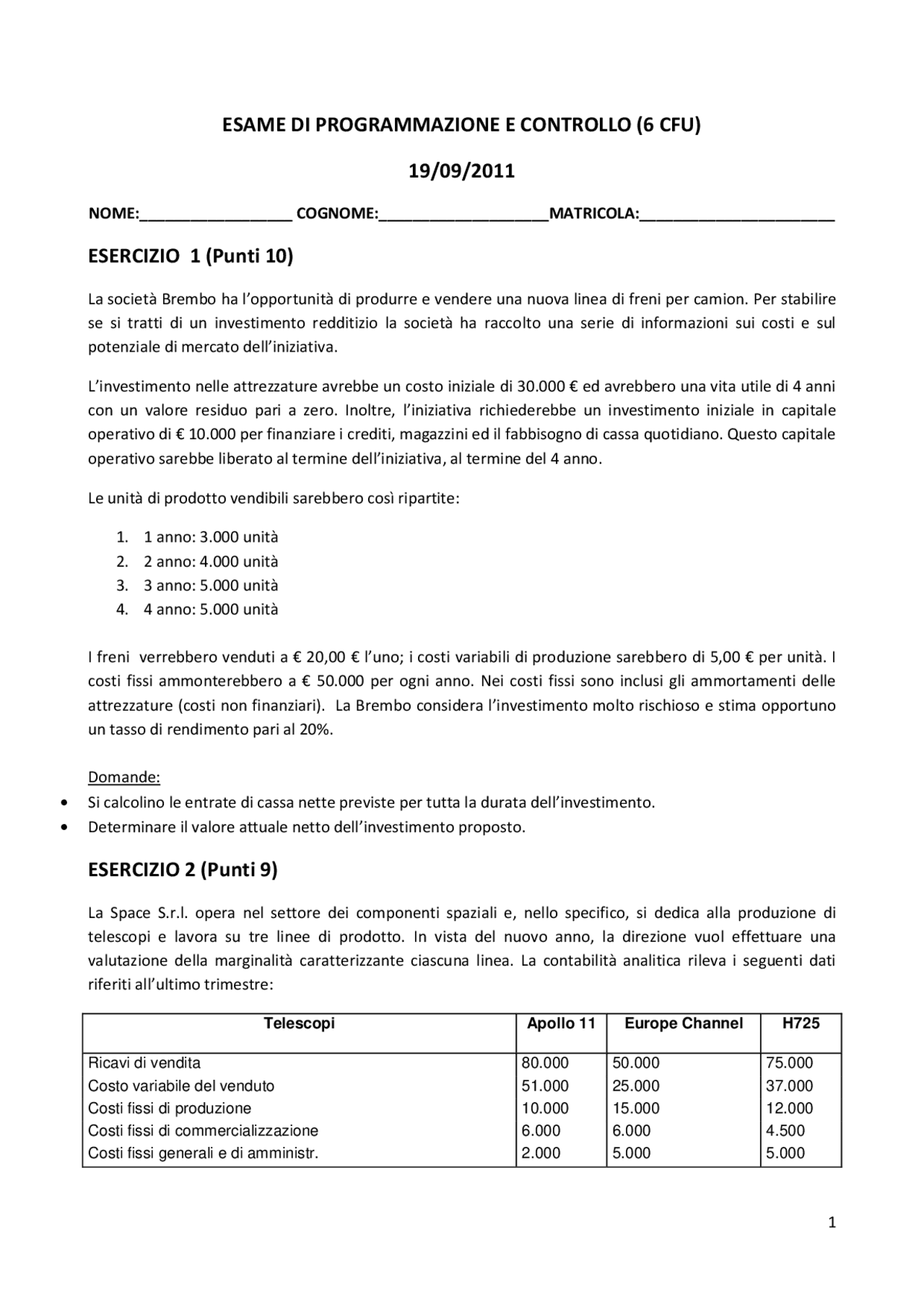 Simulazione Desame Programmazione E Controllo Docsity