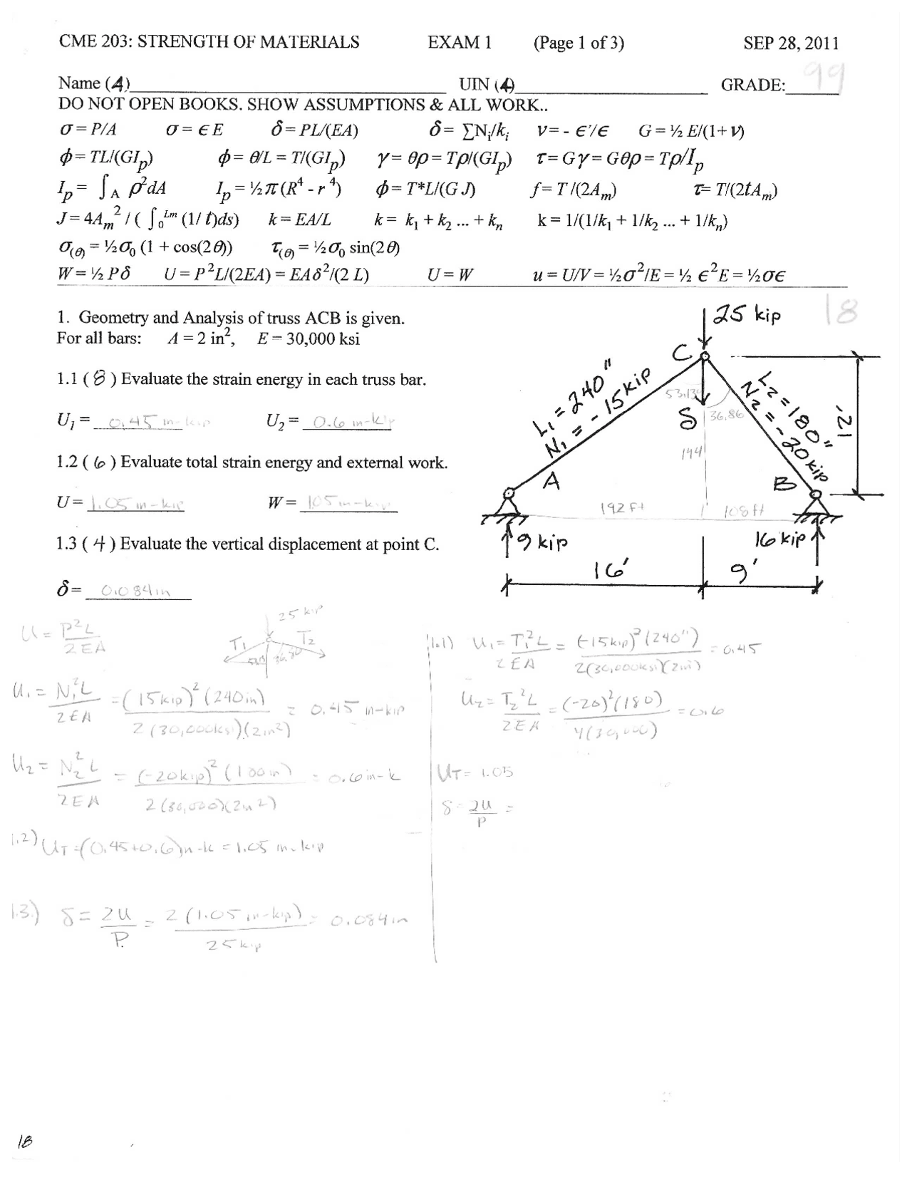 Exam 1 With Answer Key For Strength Of Materials Cme 203 Exams