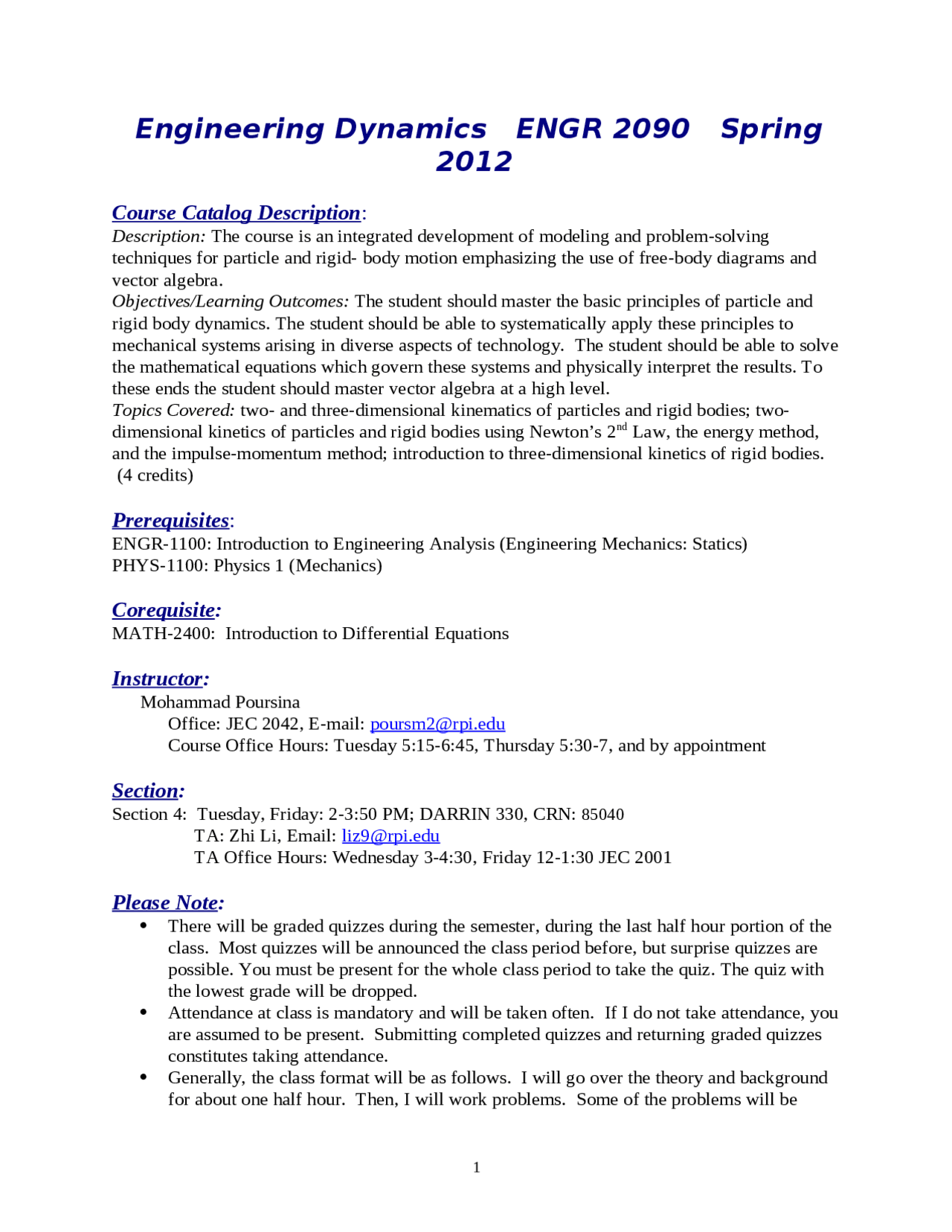 Study Materials for Engineering Dynamics | ENGR 2090 - Docsity