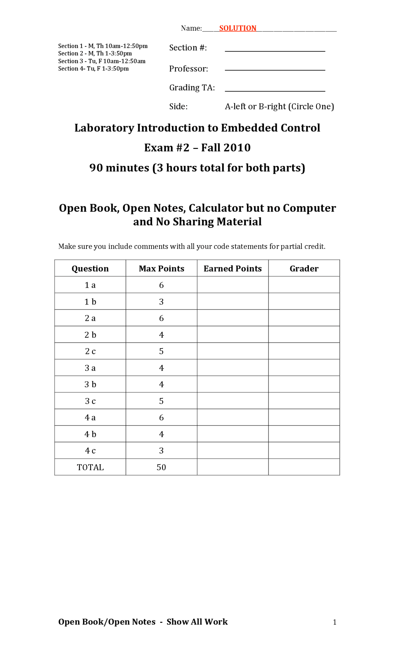 Exam 2 With Solution Introduction To Embedded Control Engr 2350