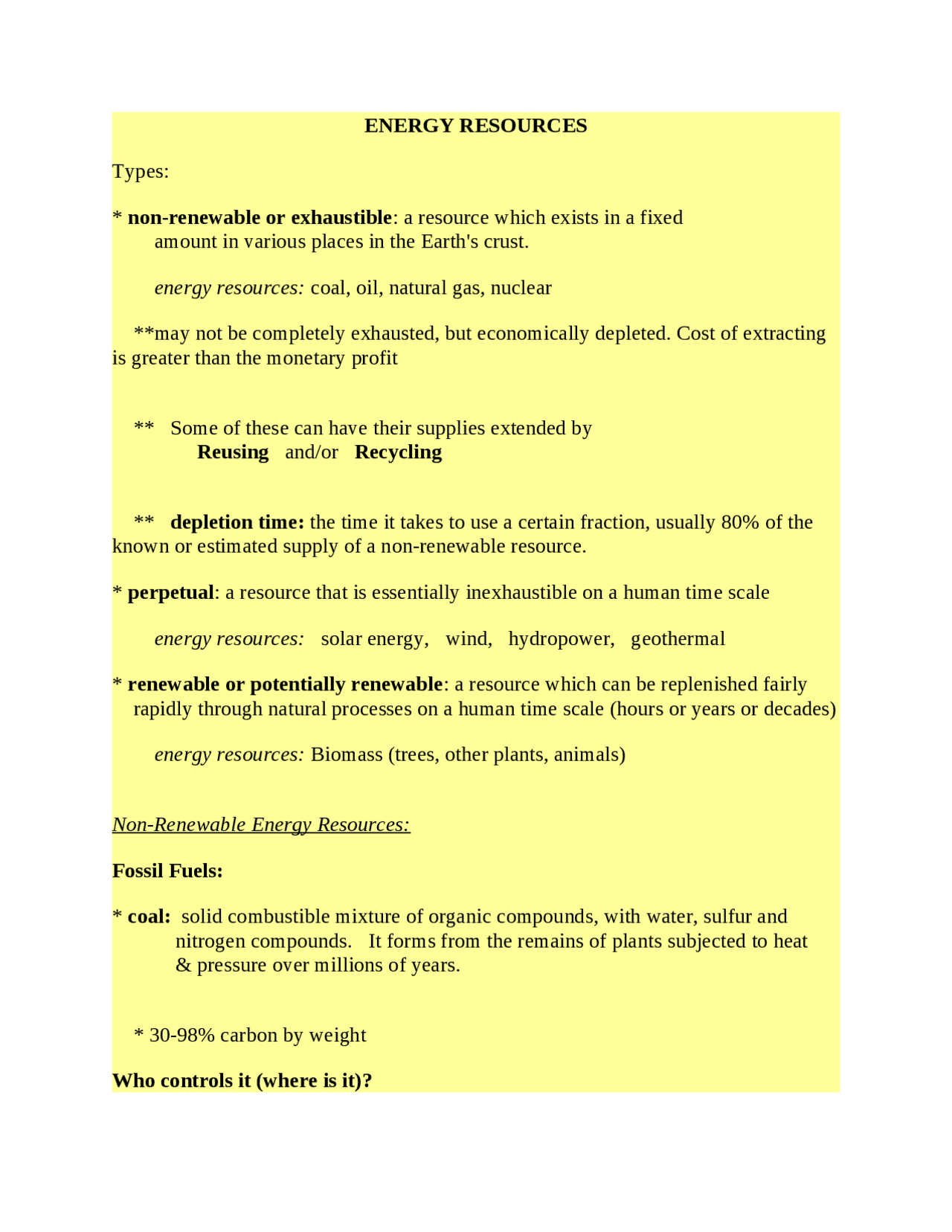 Notes On Energy Resources In Society And Environment Geog 1125 Docsity