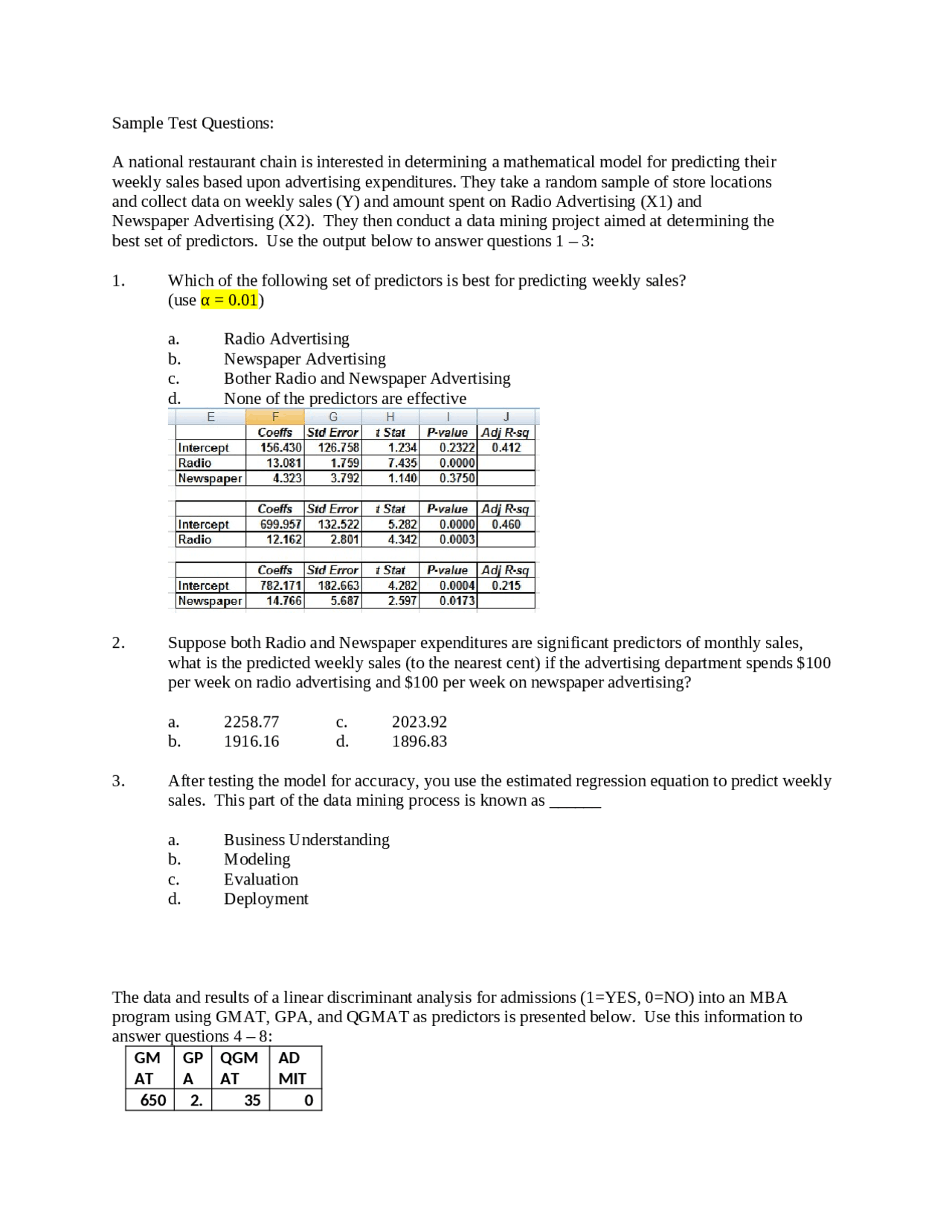 Sample Test Questions - Statistical Methods and Models II | ISDS 2001 ...