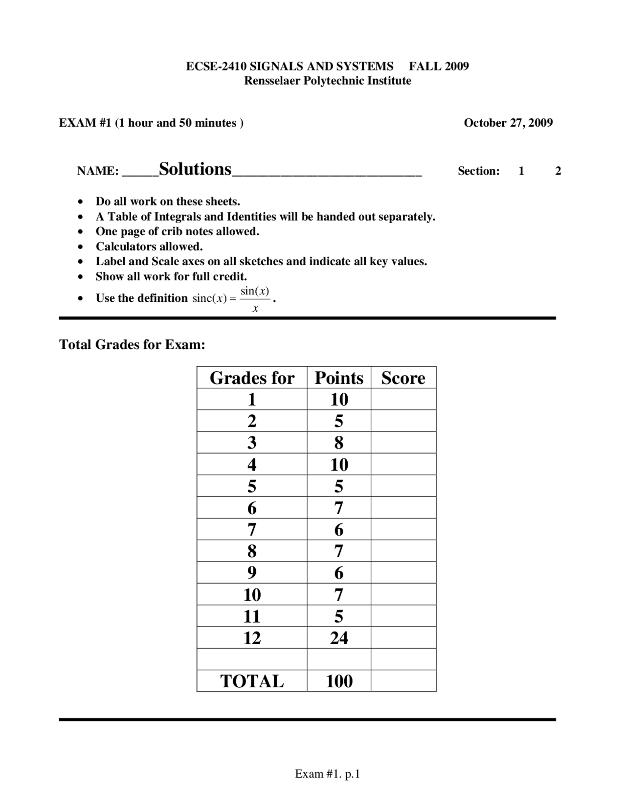 Old Examination 1 With Solutions Signals And Systems Ecse 2410