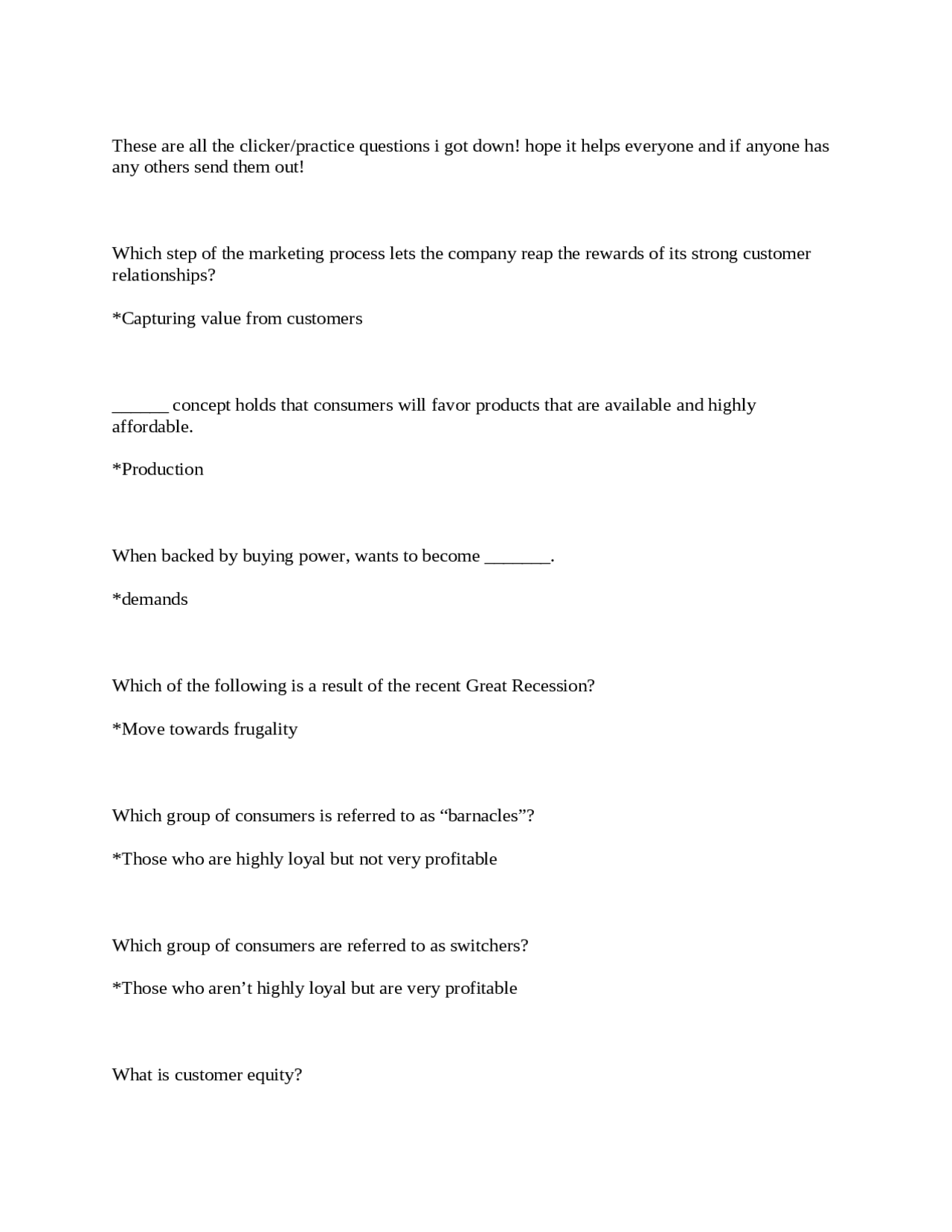 Exam 1 Clicker Questions - Principles of Marketing | MKTG 301 - Docsity