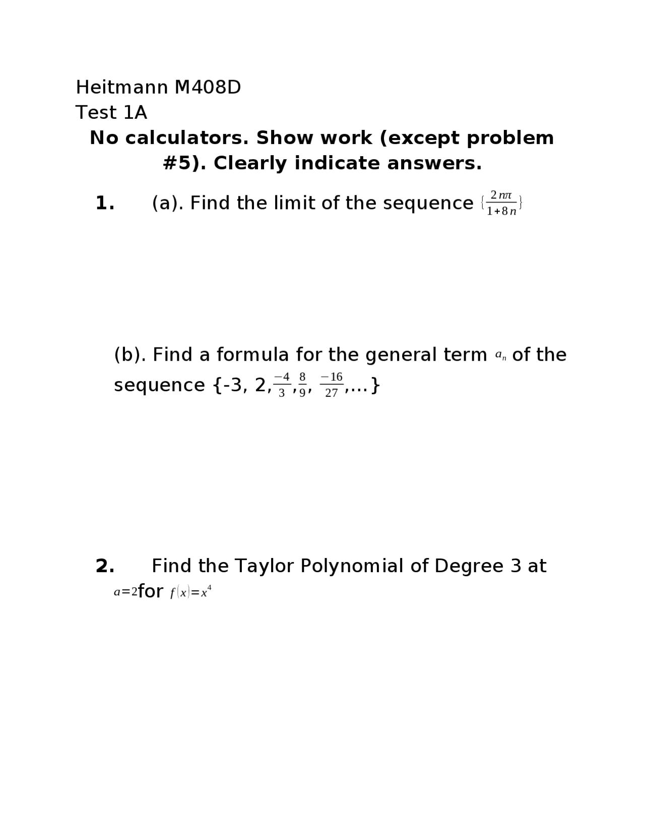 8 Questions For Exam 1 Sequences Series And Multivariable Calculus