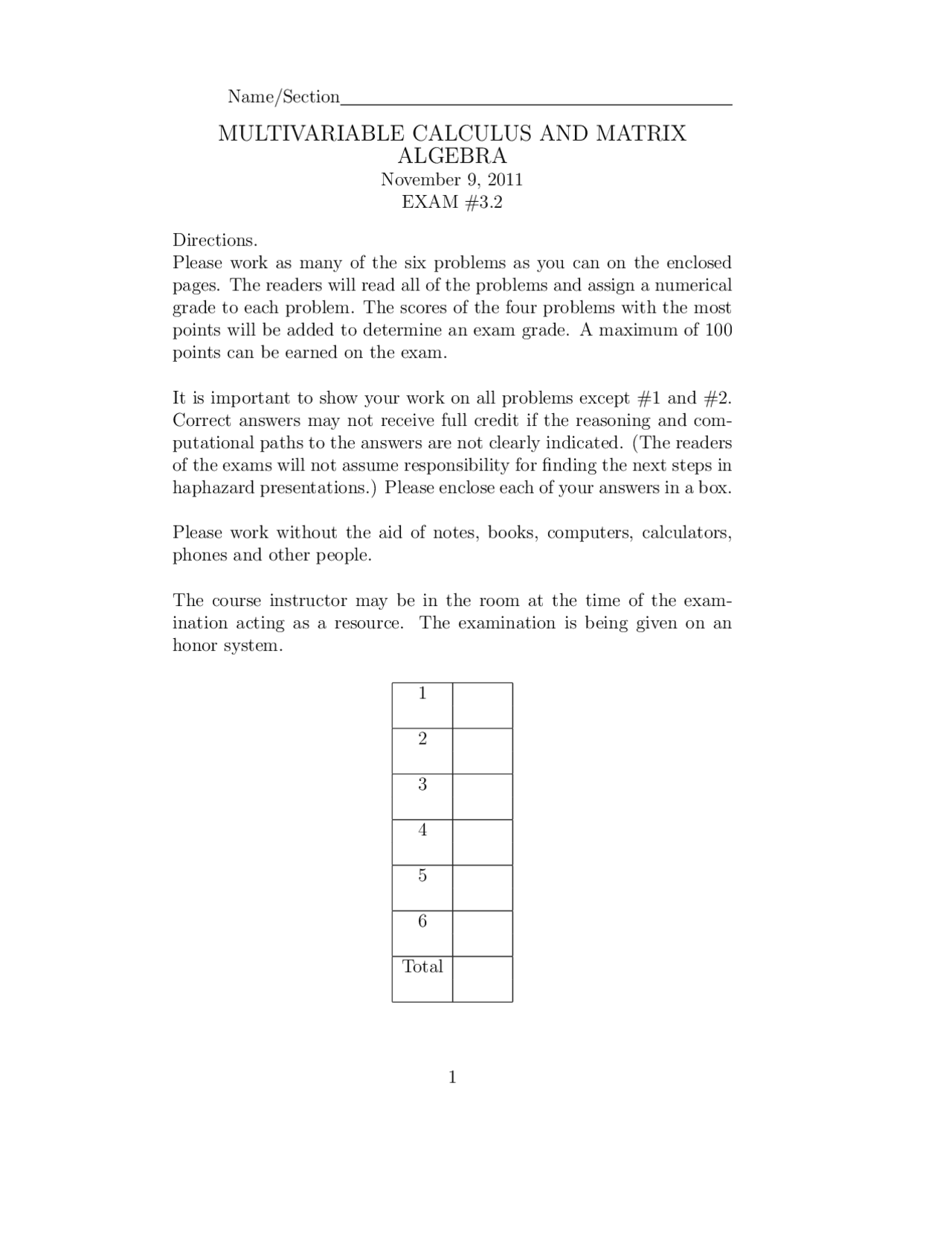 Exam 3 On Multivariable Calculus And Matrix Algebra Math 2010 Docsity