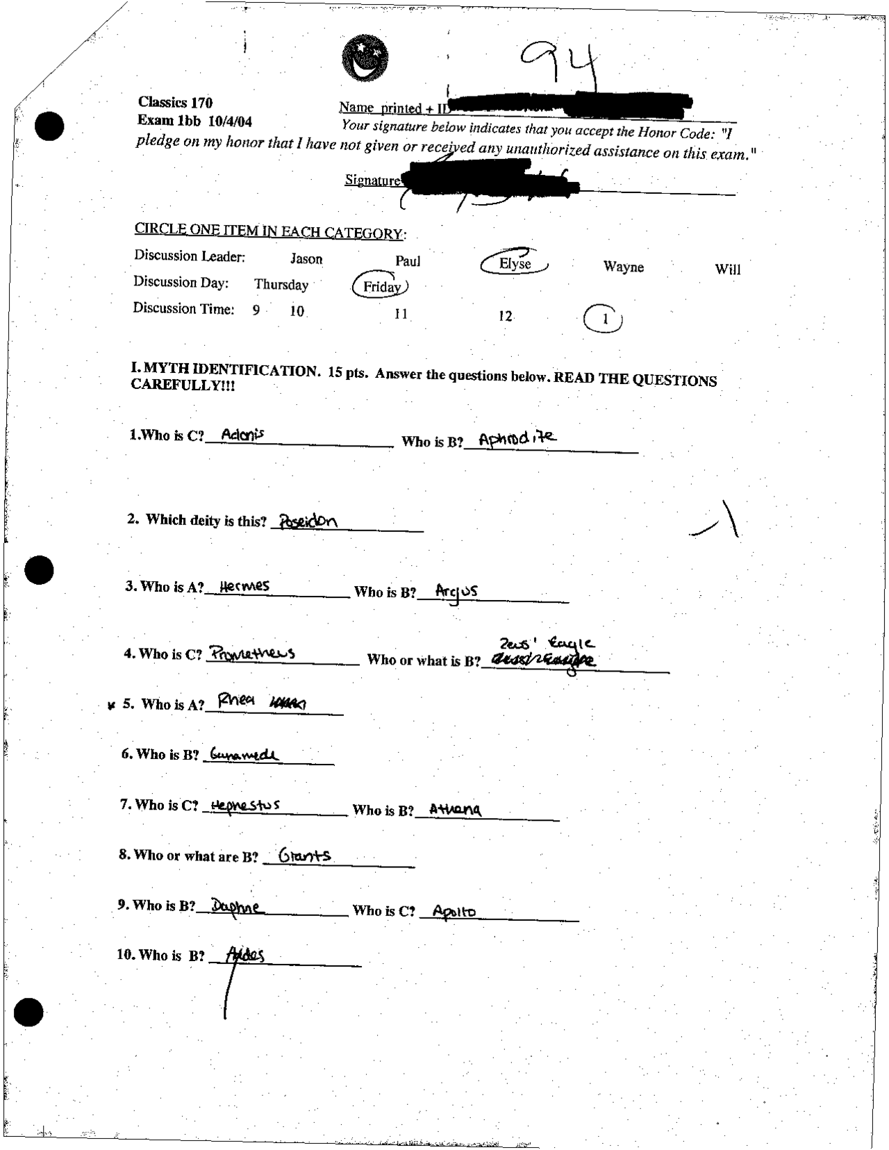 Exam 1 Greek And Roman Mythology Fall 2004 Clas 170 Docsity