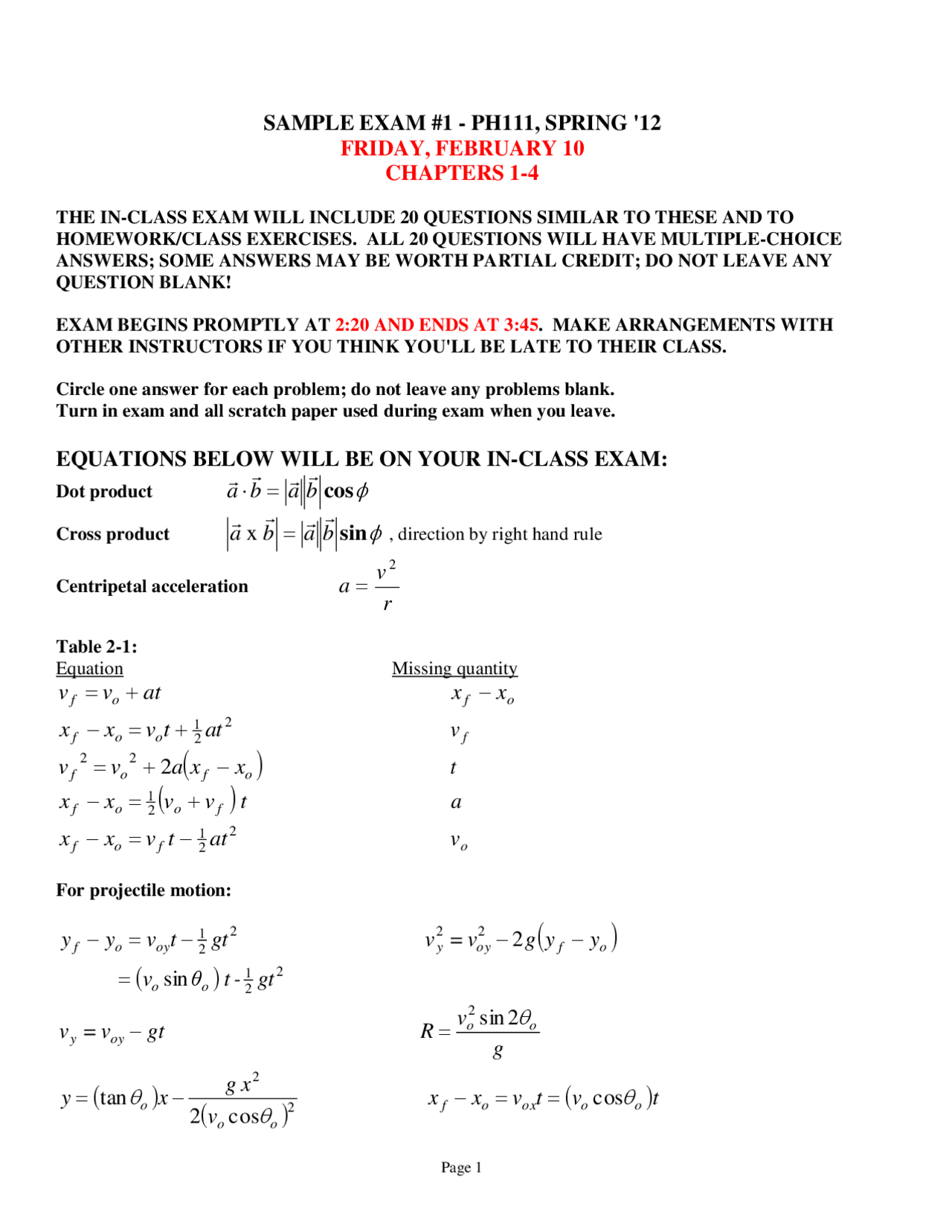 Sample Exam 1 General Physics With Calculus I Ph 111 Docsity