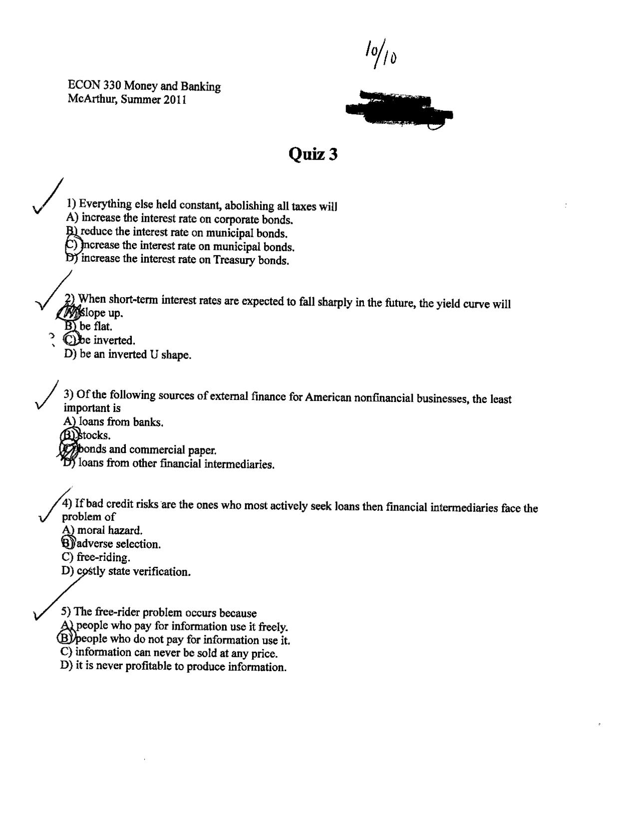 Quiz 3 Question With Answer Money And Banking Econ 330 Docsity