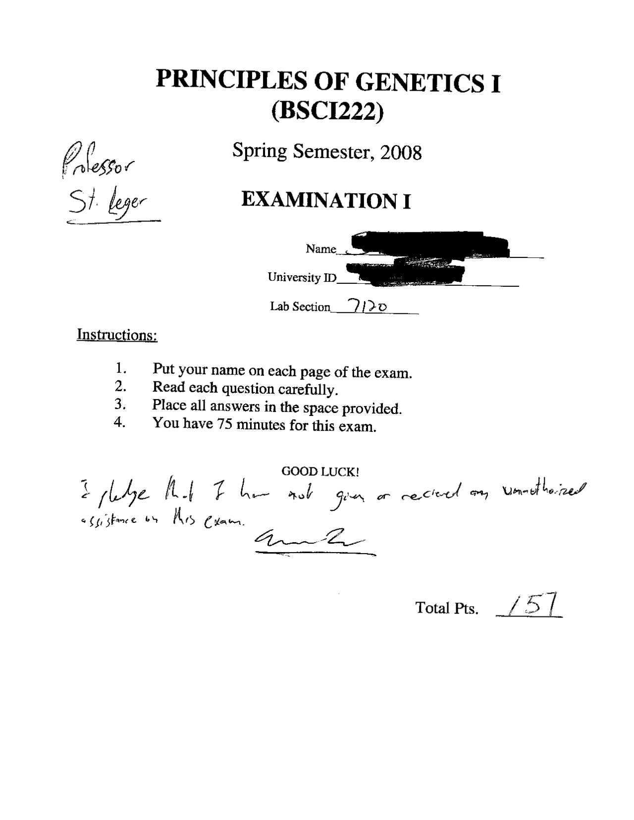 Principle Of Genetics Exam With Answers Bsci 222 Docsity