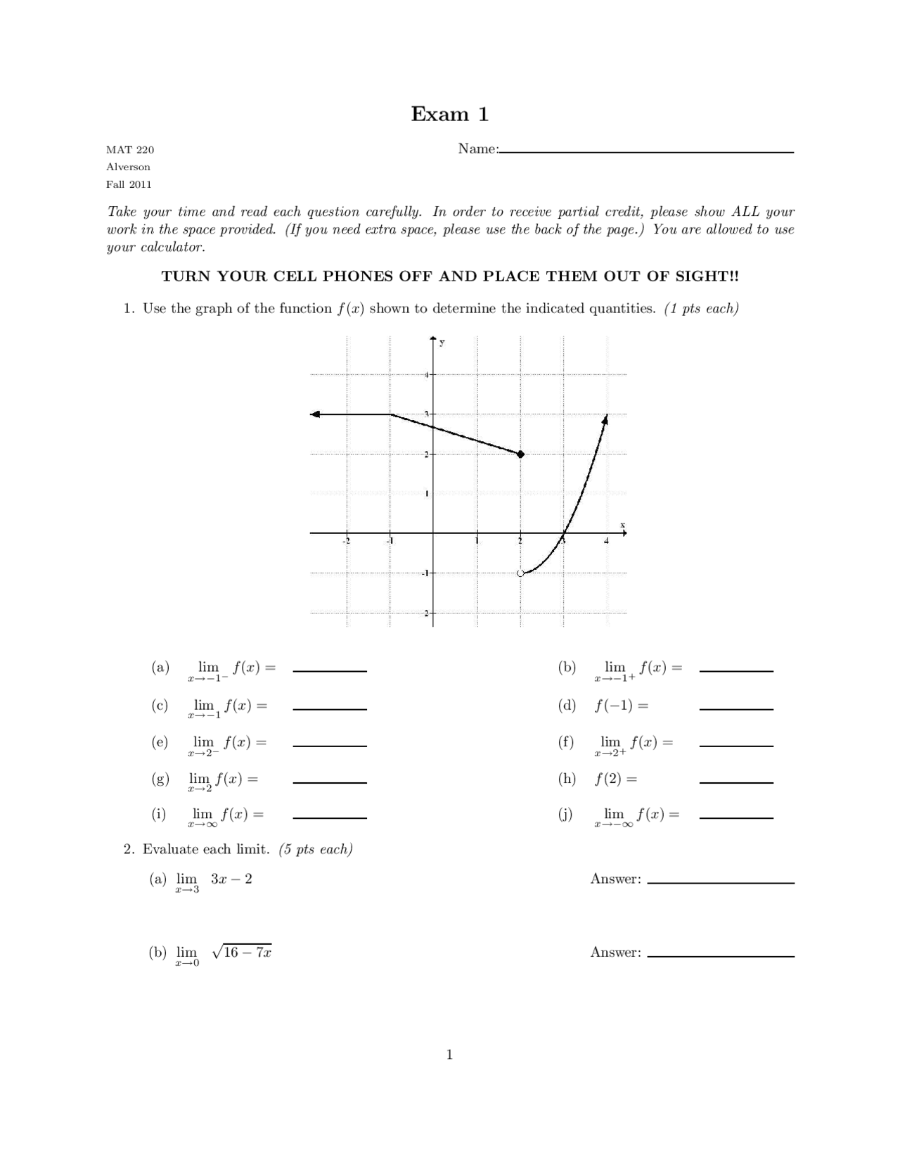 Exam 1 Questions For Answers Business Calculus Mat 220 Docsity