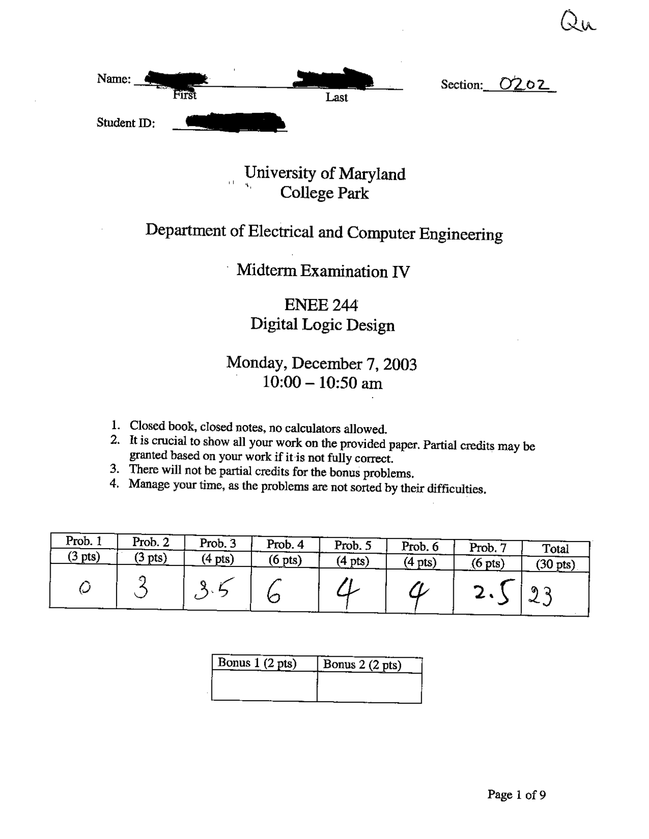 Midterm Exam 4 With Solution Digital Logic Design Enee 244 Docsity