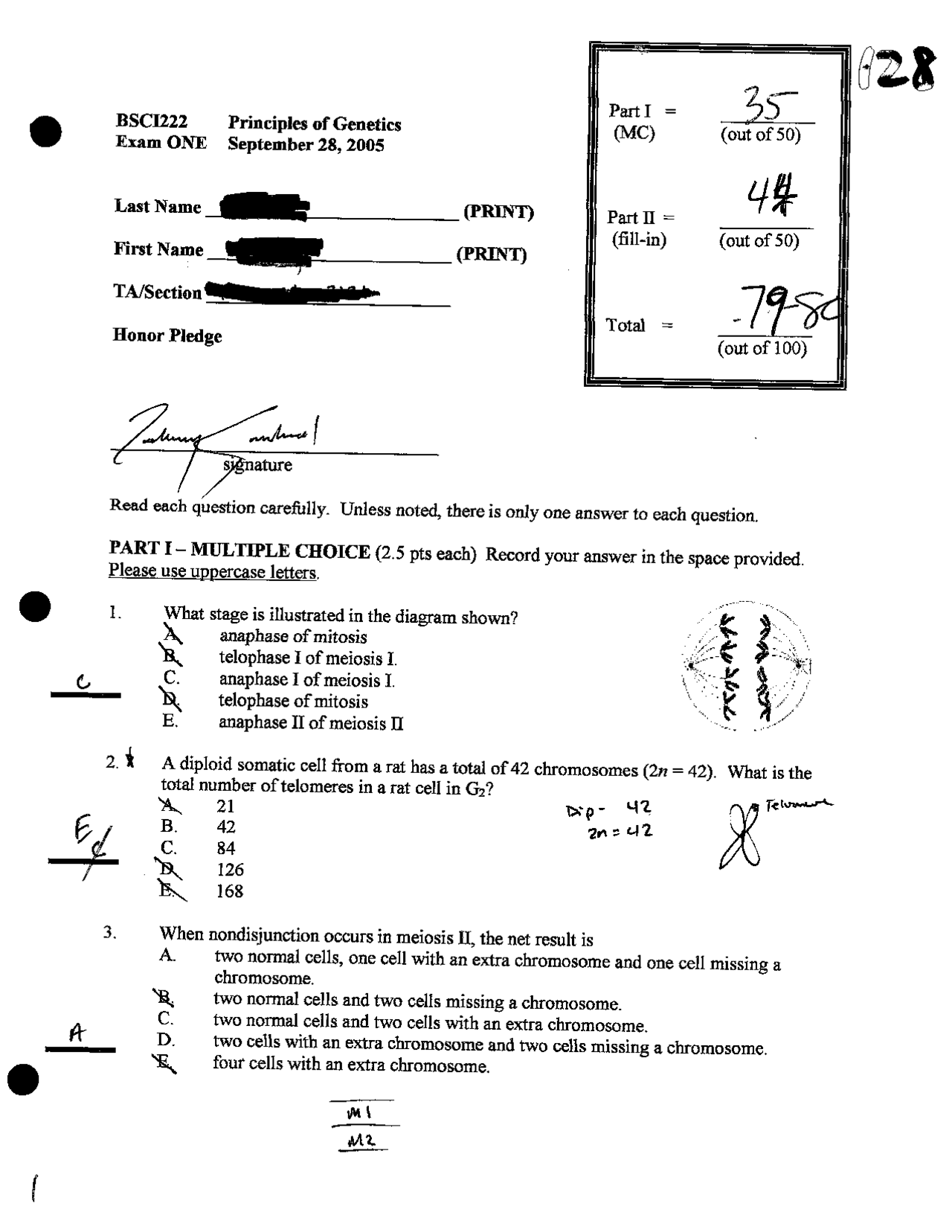 Solved Exam I Principles Of Genetics Bsci 222 Docsity