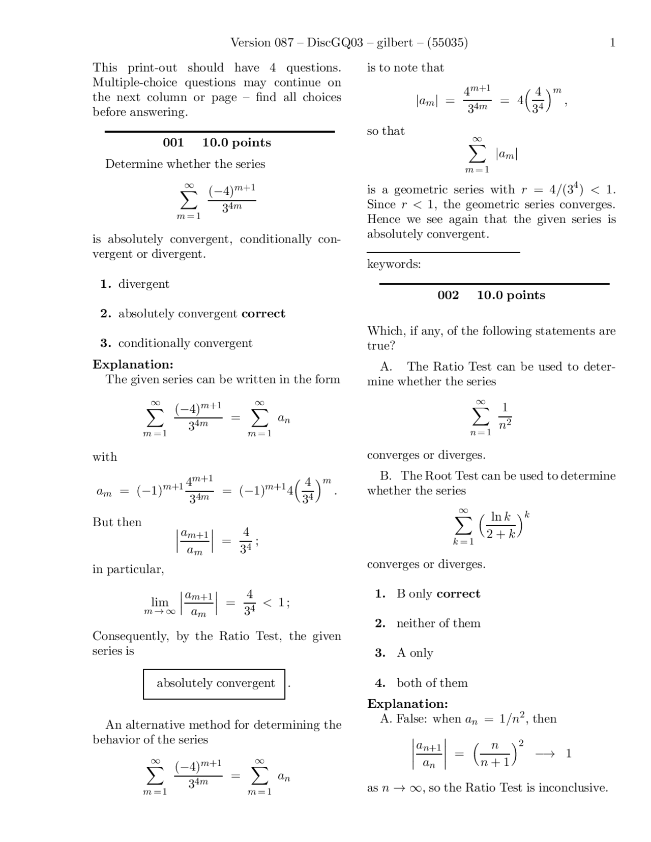 Quiz 3 With Answers Sequences Series And Multivariable Calculus M
