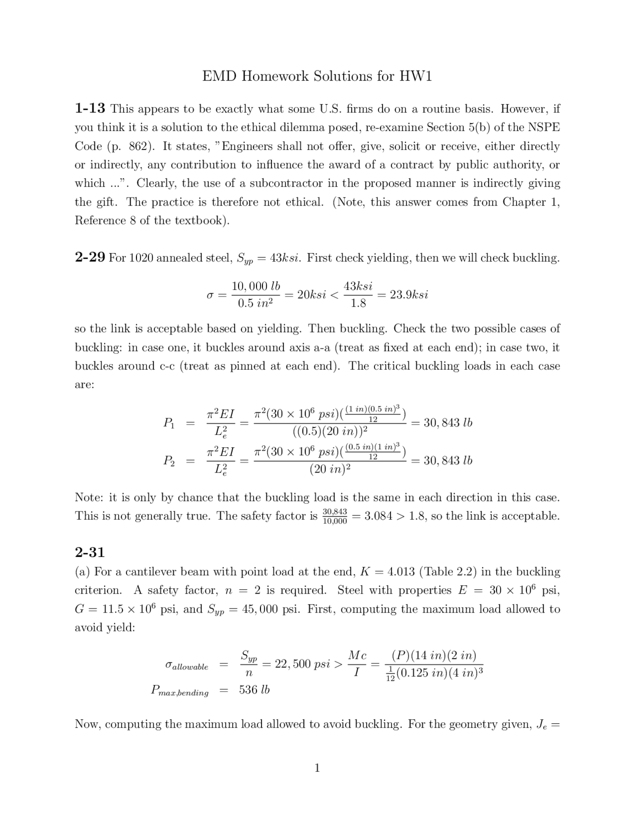 Homework 1 with Solution - Element of Mechanical Design | MANE 4030 ...