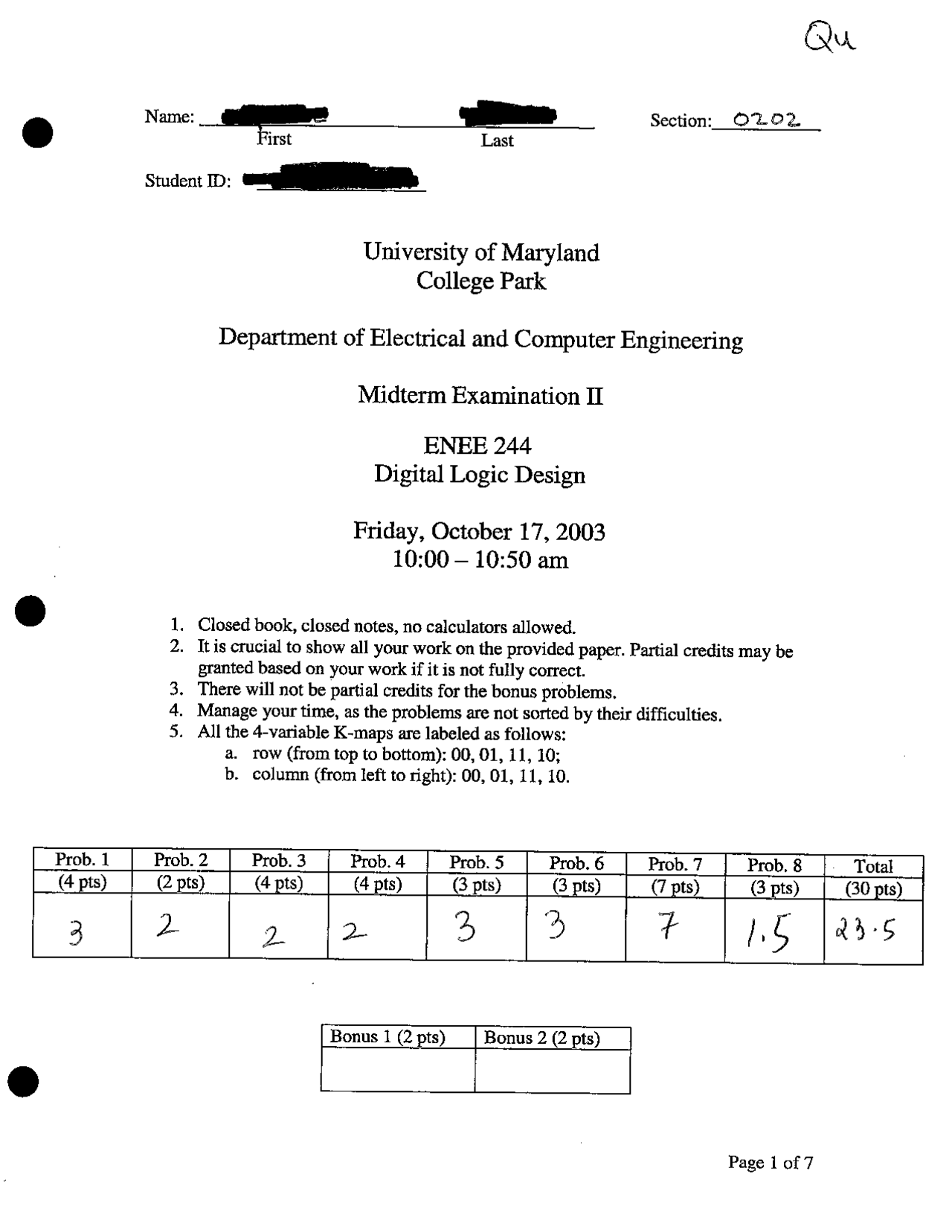 Exam 2 With Solution For Digital Logic Design Enee 244 Docsity