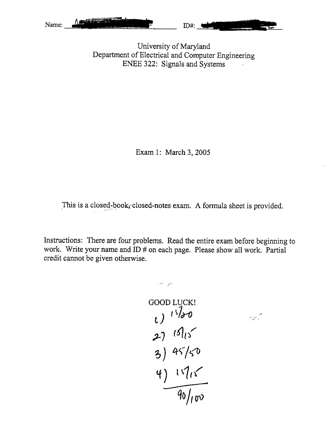 Exam 1 With Solution For Signal And System Theory Enee 322 Docsity