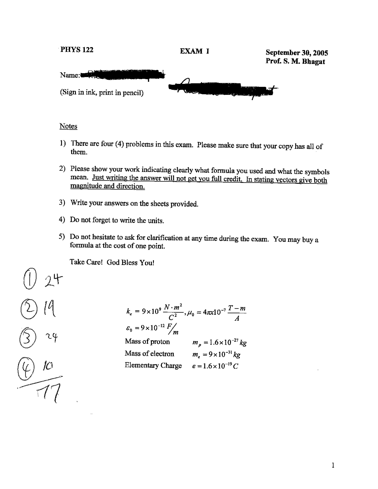 Exam 1 With Solutions Fundamentals Of Physics Ii Phys 122 Docsity