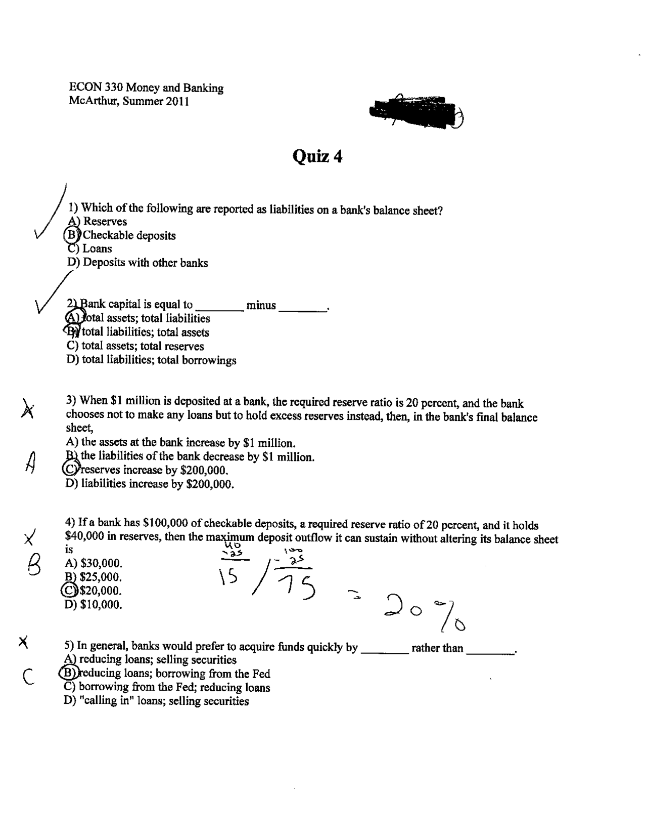 Class Quiz 4 Money And Banking Econ 330 Docsity
