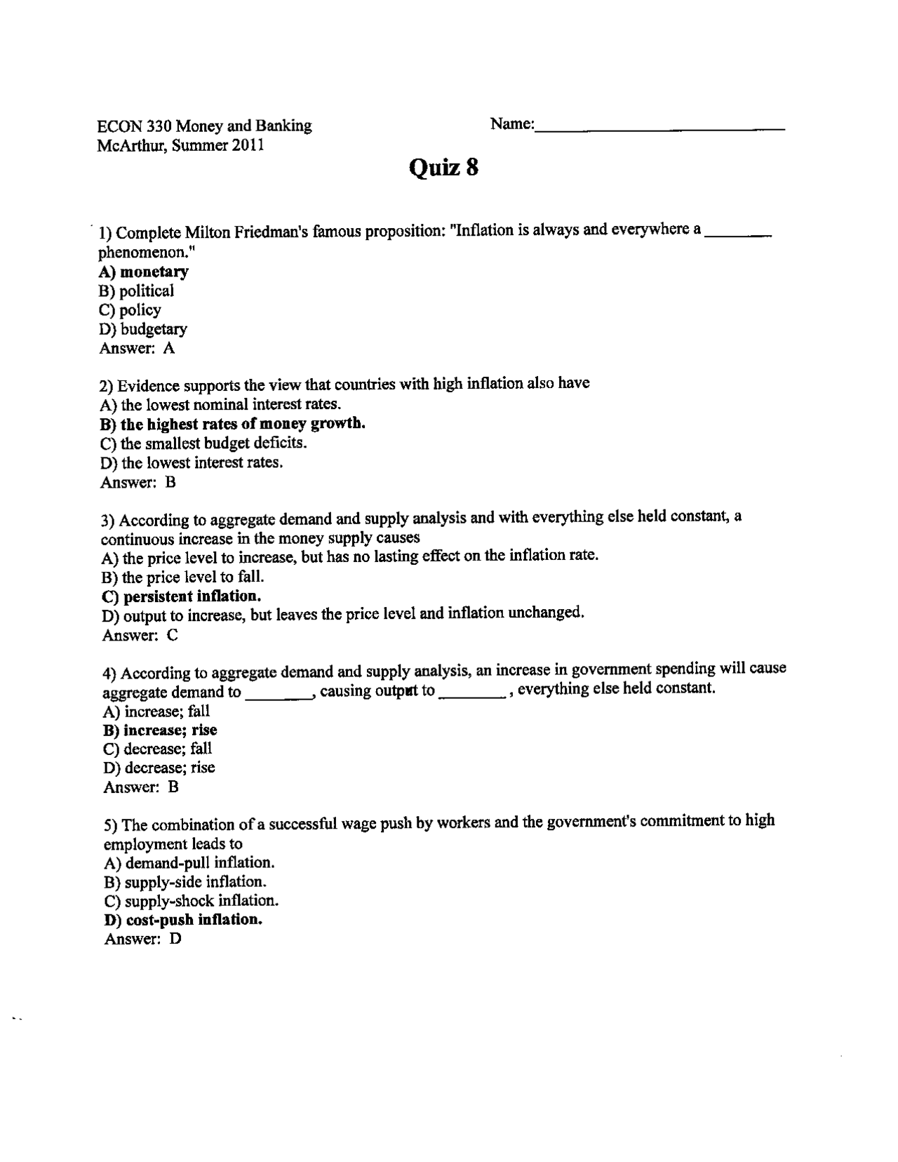 Quiz 8 With Solution Money And Banking Econ 330 Docsity