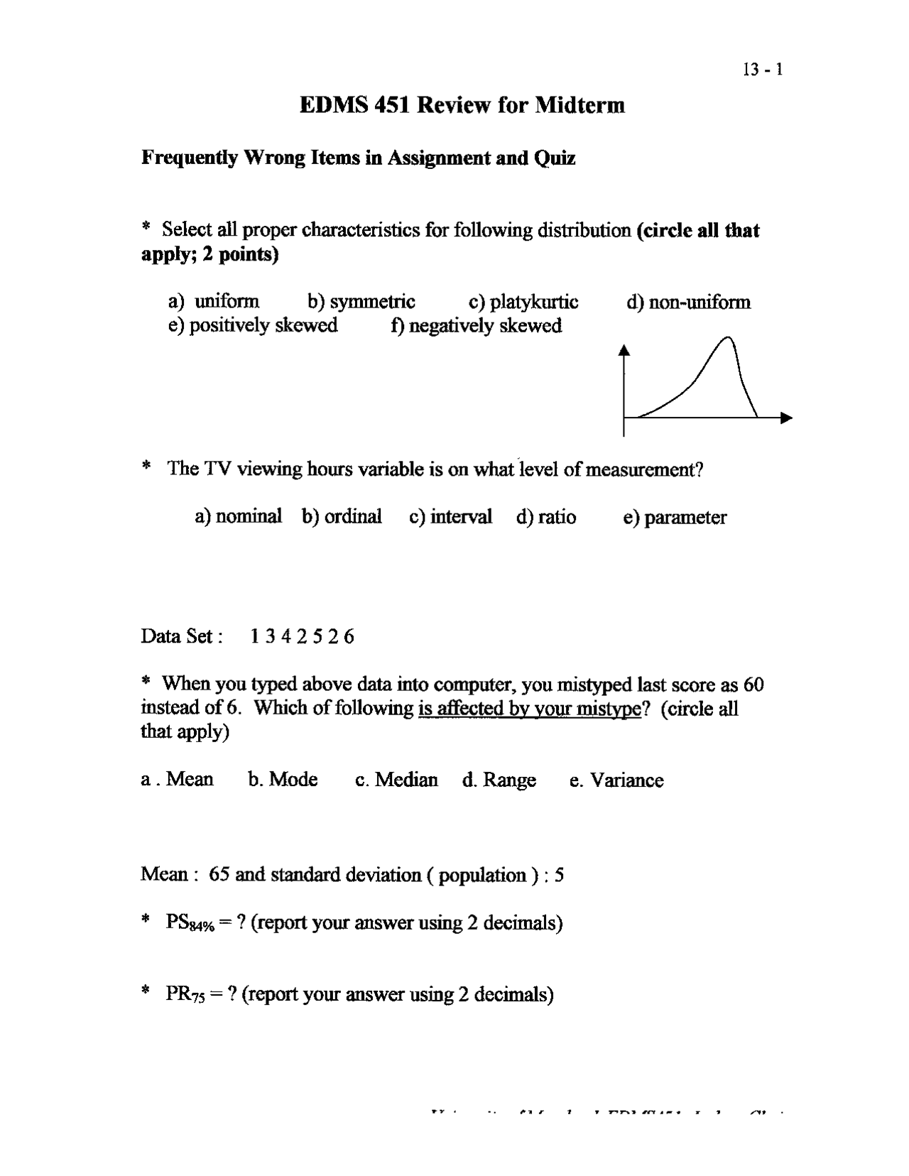 Statistics questions. Introduction to main concepts | EDMS 451 - Docsity