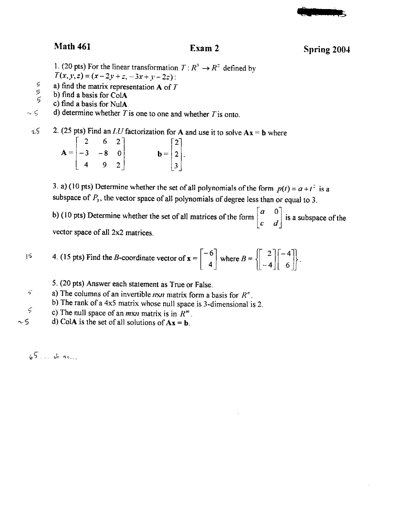Exam 2 with Answers - Linear Algebra for Science and Engineering | MATH 461 - Docsity