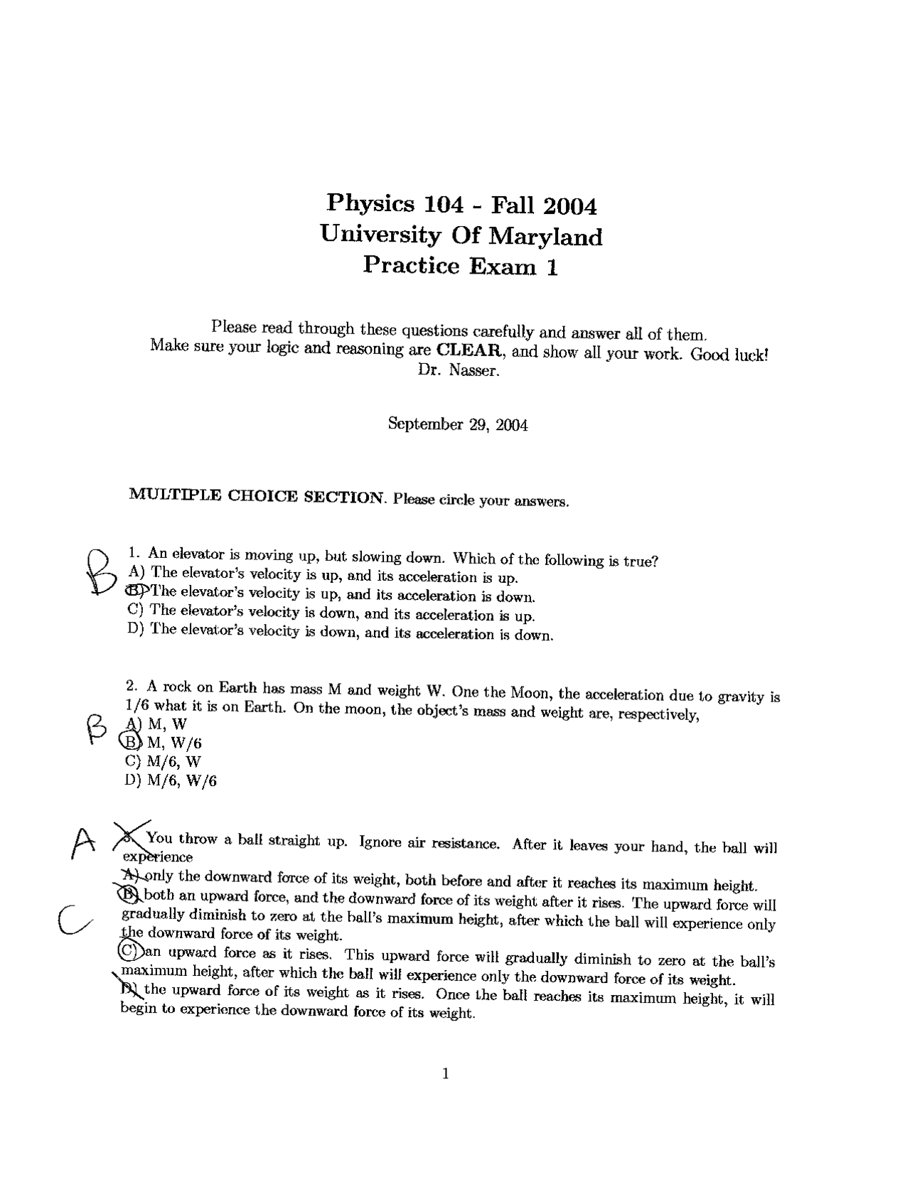 Practice Questions Exam 1 Thinking Work Phys 104 Docsity