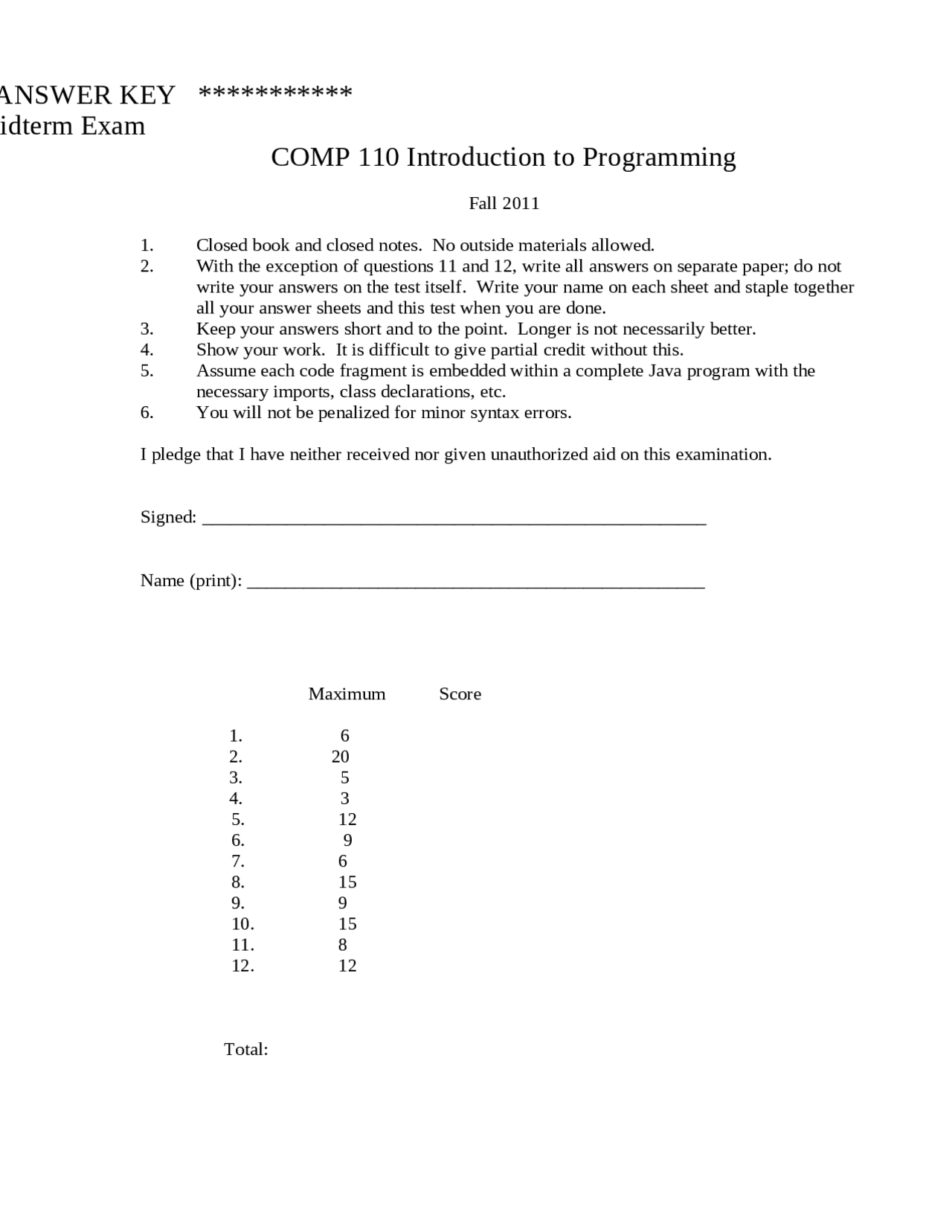 Midterm Exam Answer Key for Introduction to Programming | COMP 110 | Exams Computer Science ...