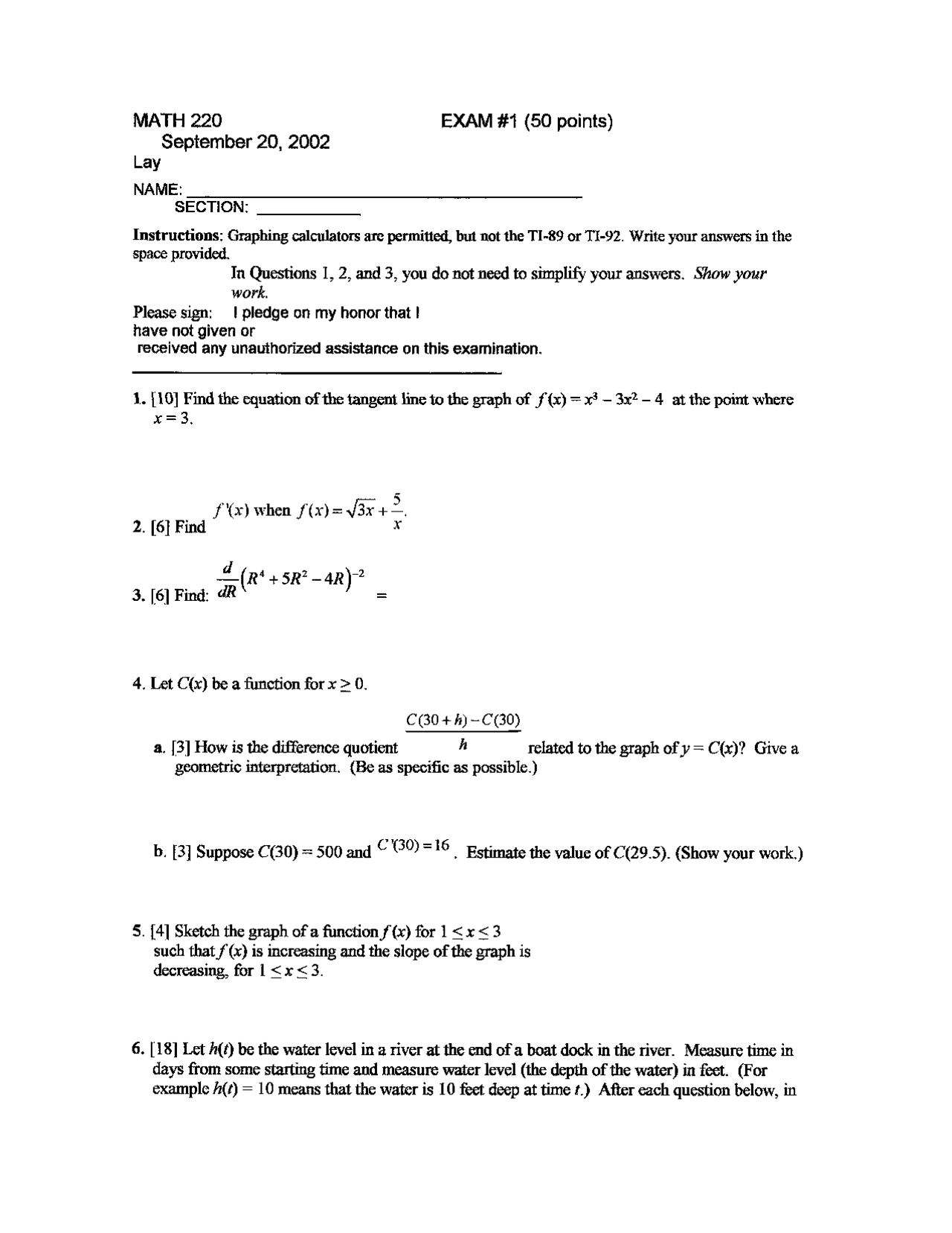 6 Questions Of Elementary Calculus I Exam 1 Math 220 Docsity