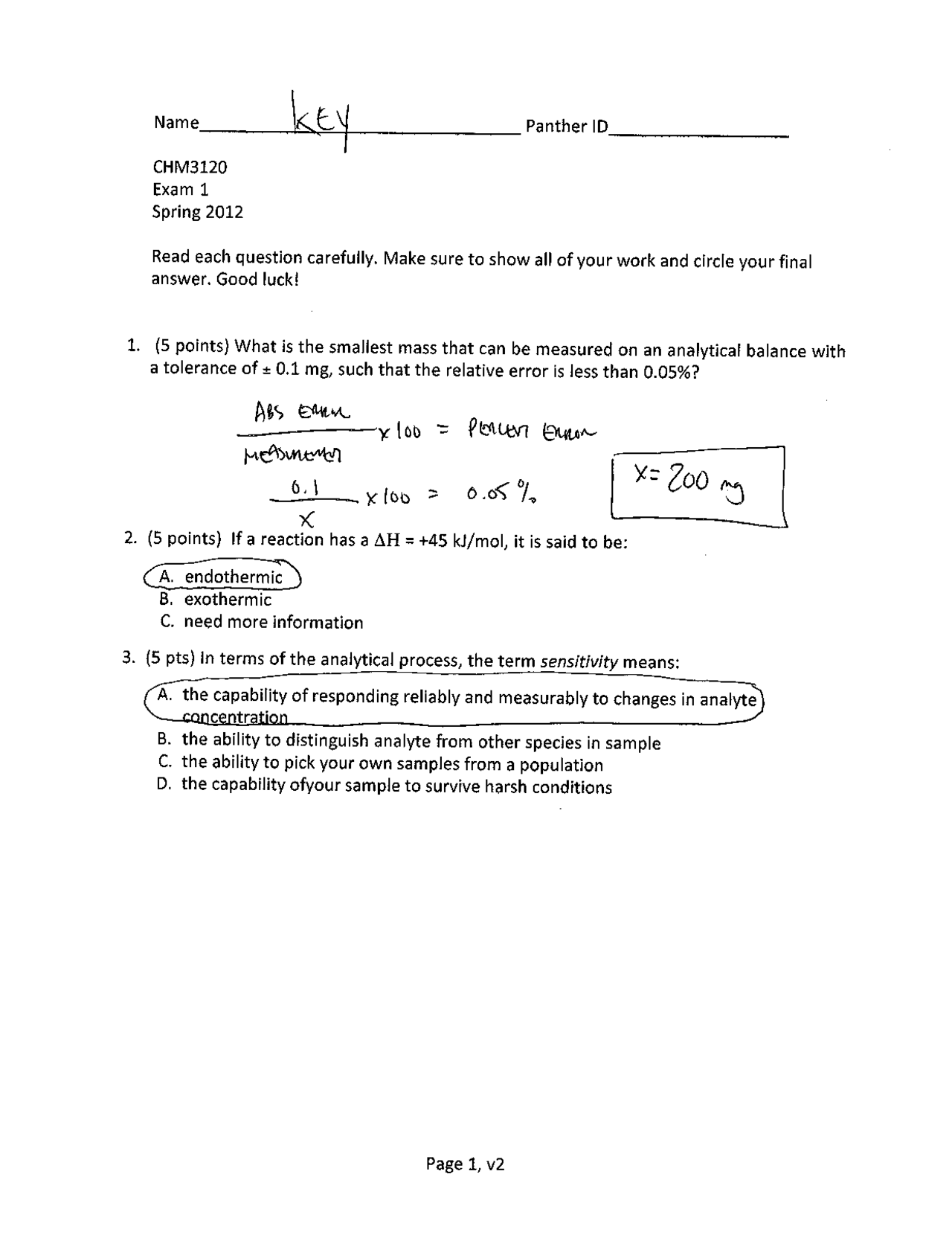 Test I With Solutions For Introduction To Analytic Chemistry Chm 3120