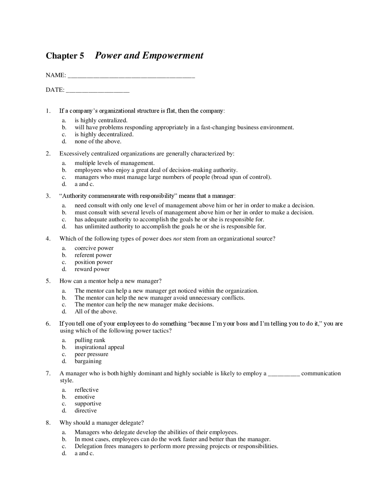 Quiz 5 - Power and Empowerment, Communication Skills | HMGT 2860 - Docsity